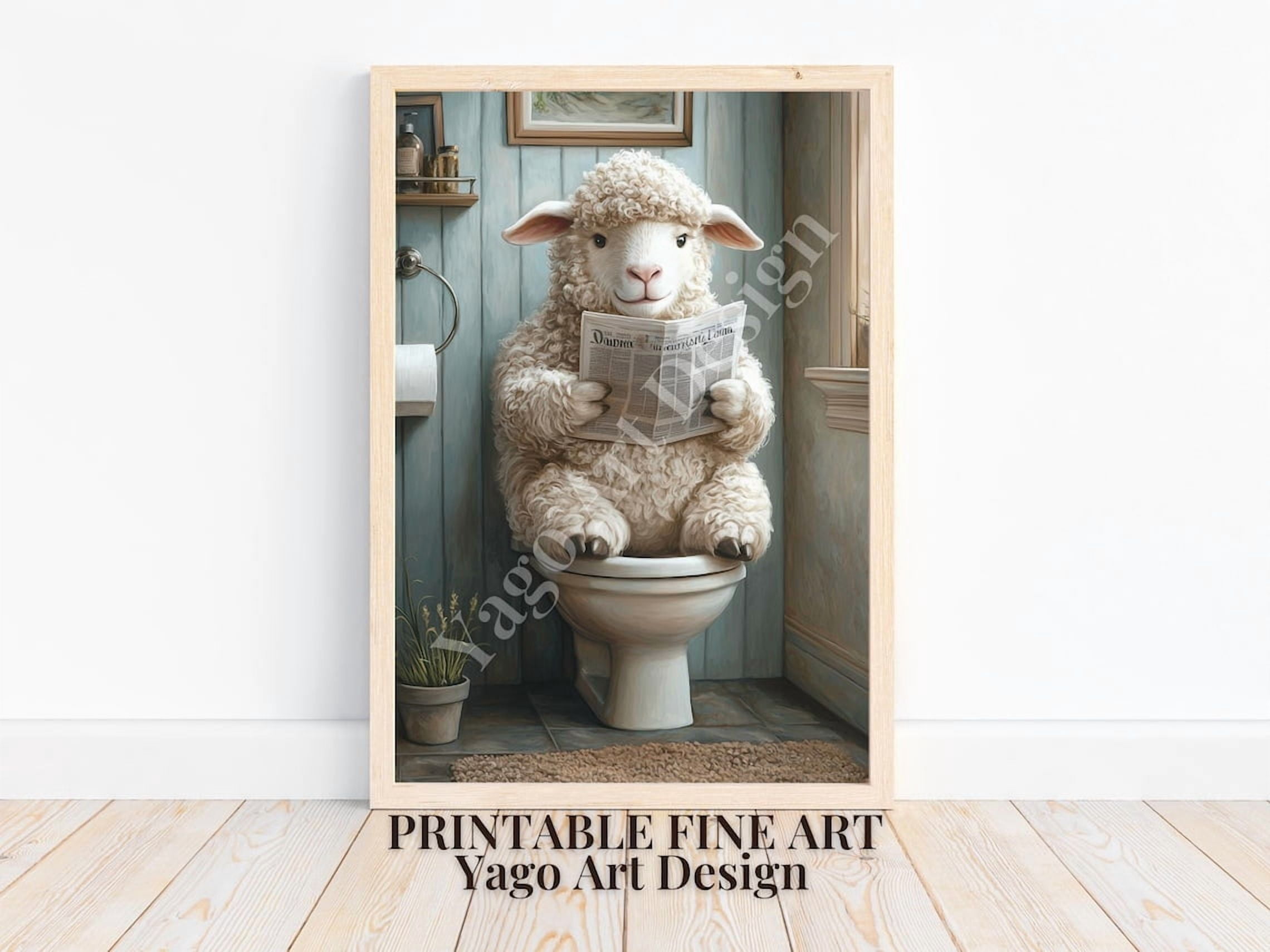 Lamb Bathroom Print, Animal On Toilet Print Home Decor #2771, Unframed ...