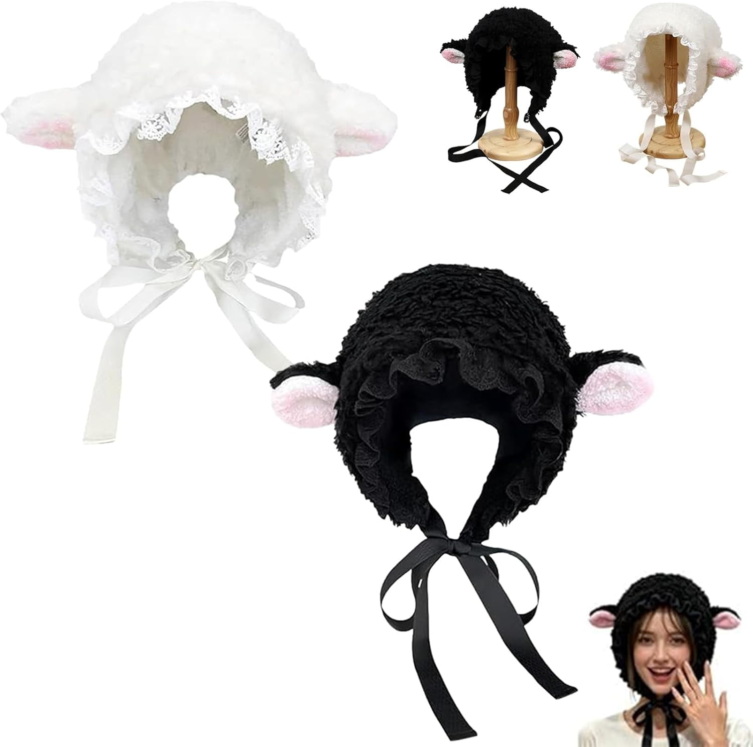 Lamb Bonnet, Fleece Animal Hat, Soft Cartoon Lamb Bonnet with Ears and ...