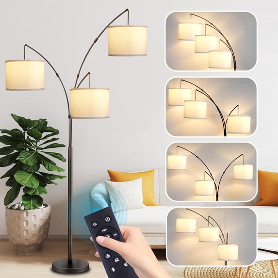 Lambaolom 74" 3-Light Modern Remote Control Black Arc Floor Lamp with ...