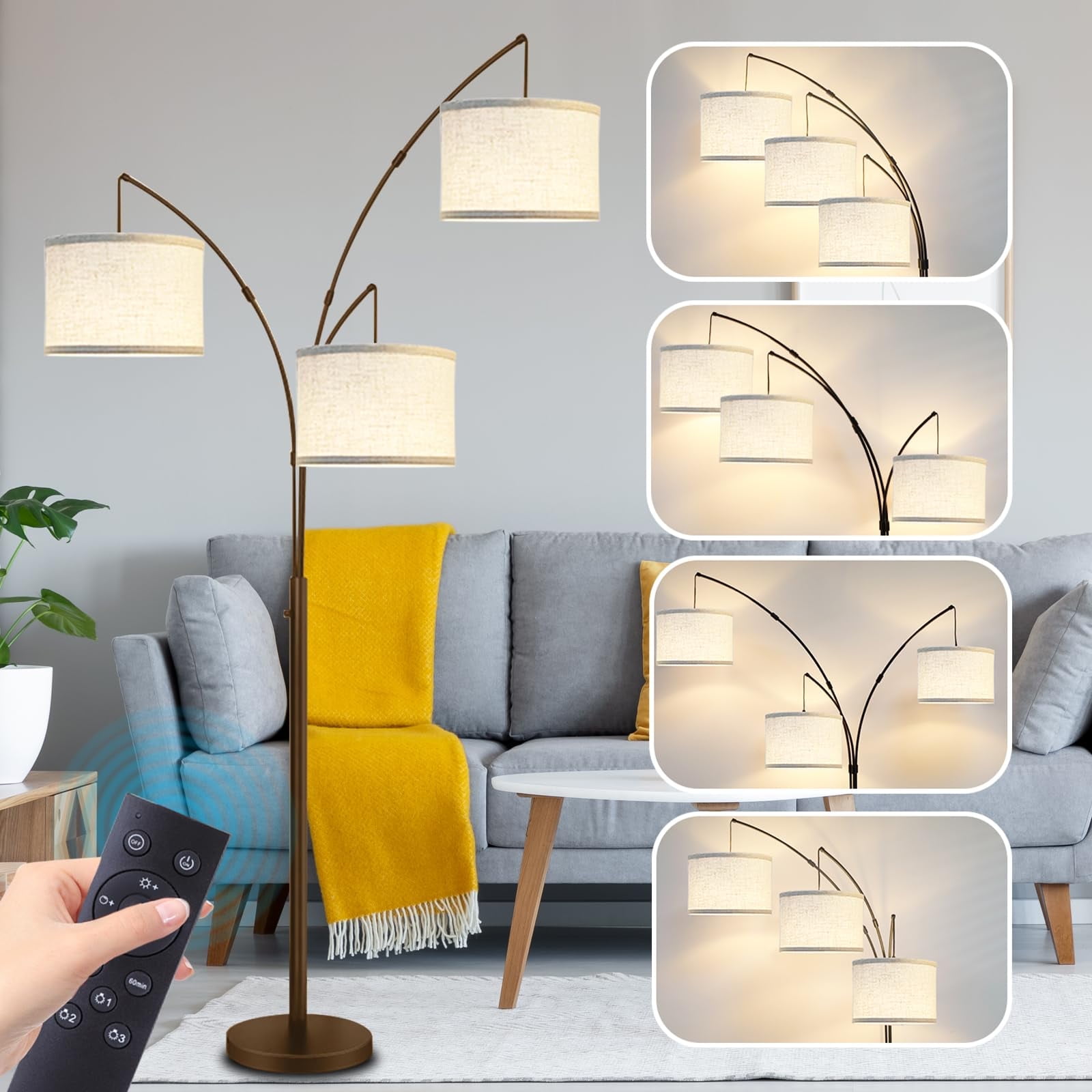 Lambaolom 74" 3-Light Modern Remote Control Brass Arc Floor Lamp with ...