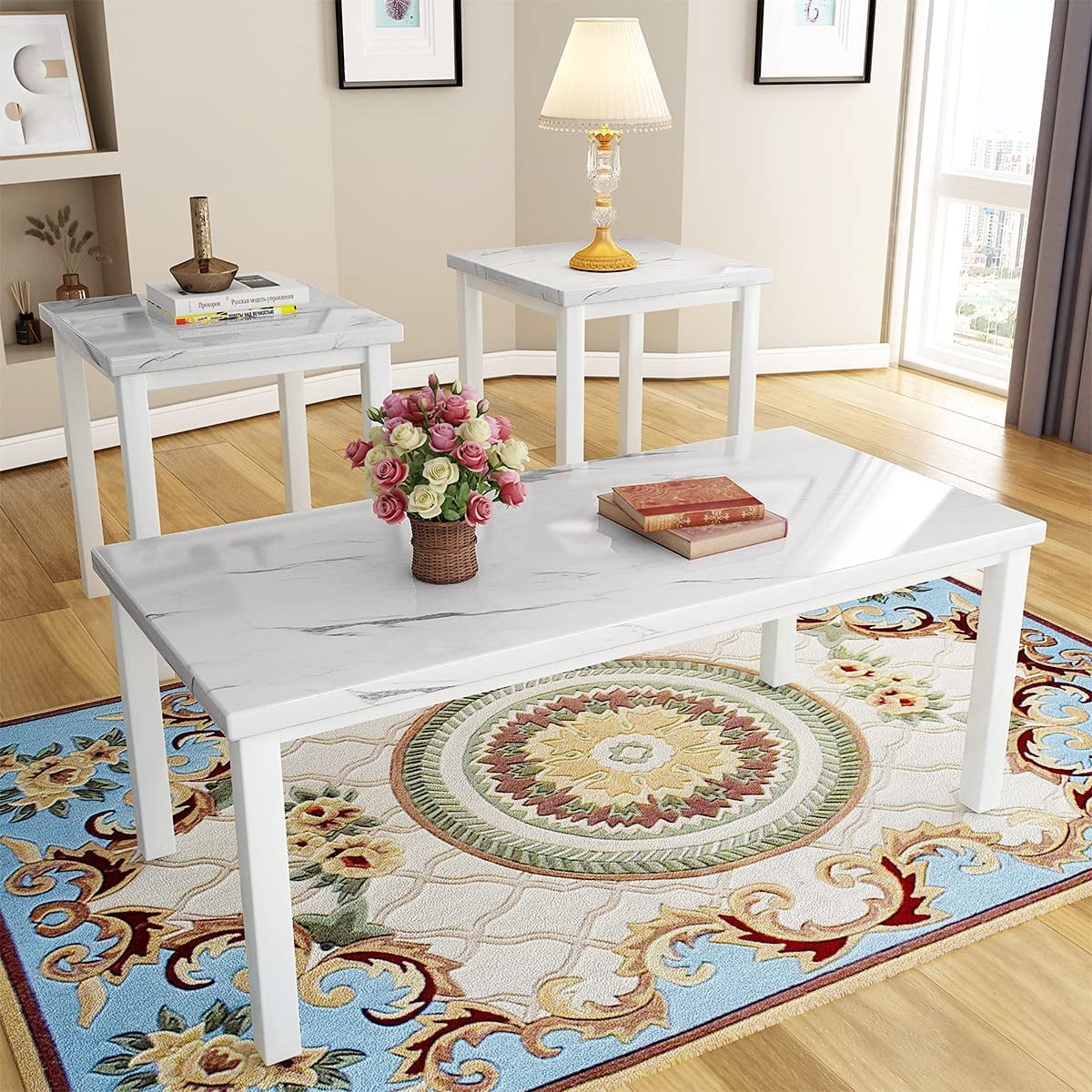 Lamerge 3 Piece Coffee Table Set, Faux Marble Tabletop Style with Black ...