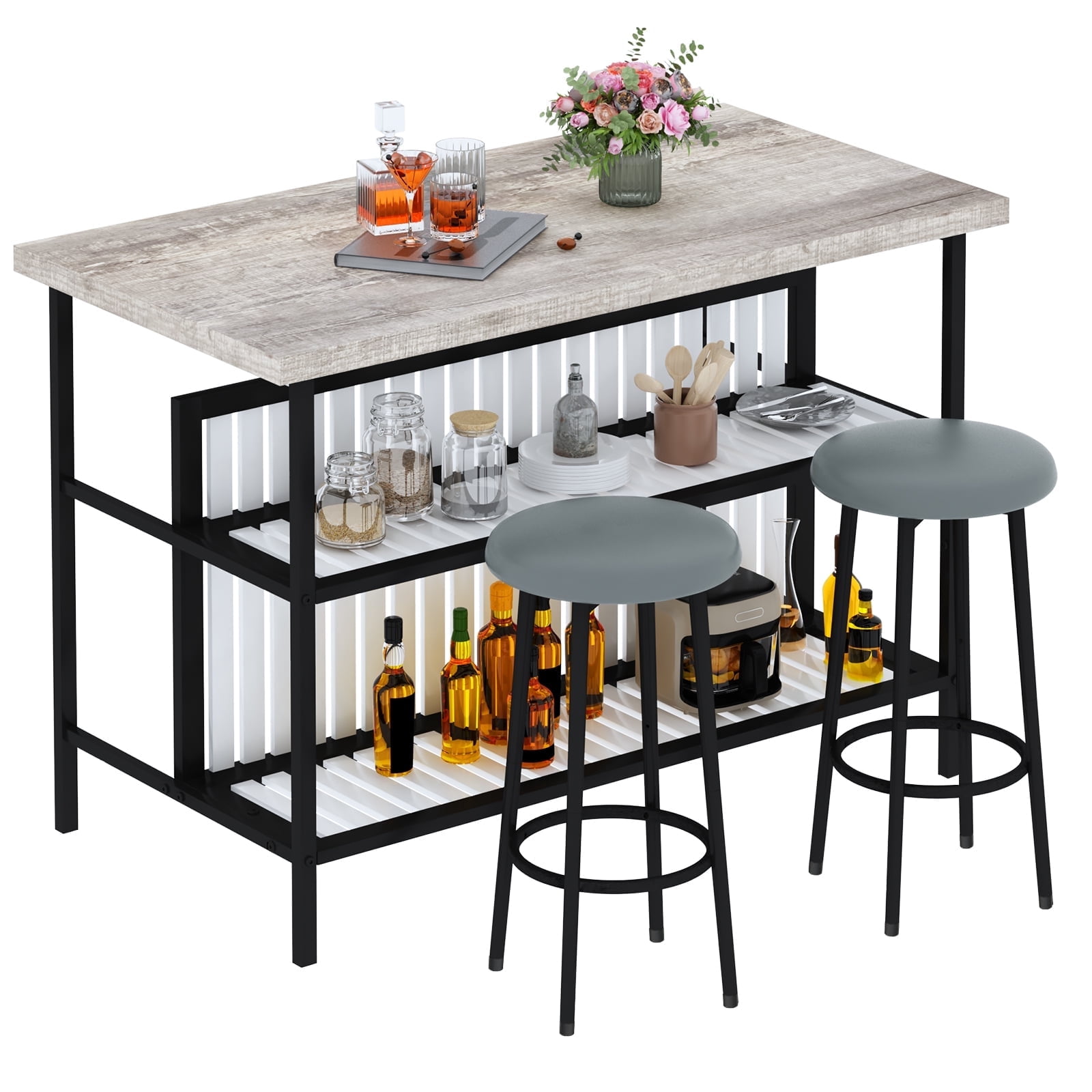 Lamerge 3-Piece Dining Table Set, Oak Top Dining Table Set with Double ...