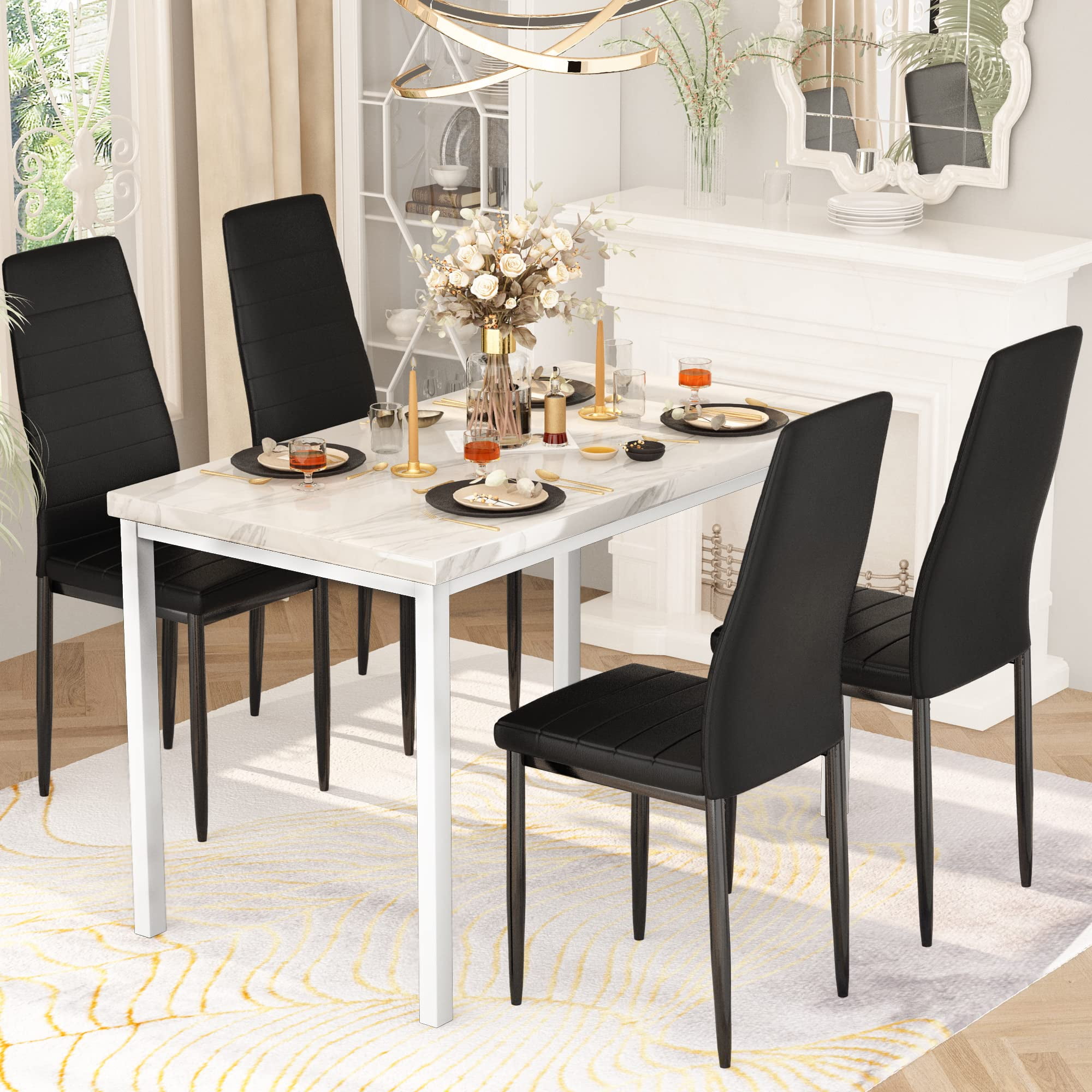 Lamerge 5 Piece Dining Table Set for 4, Faux Marble Kitchen Table with ...