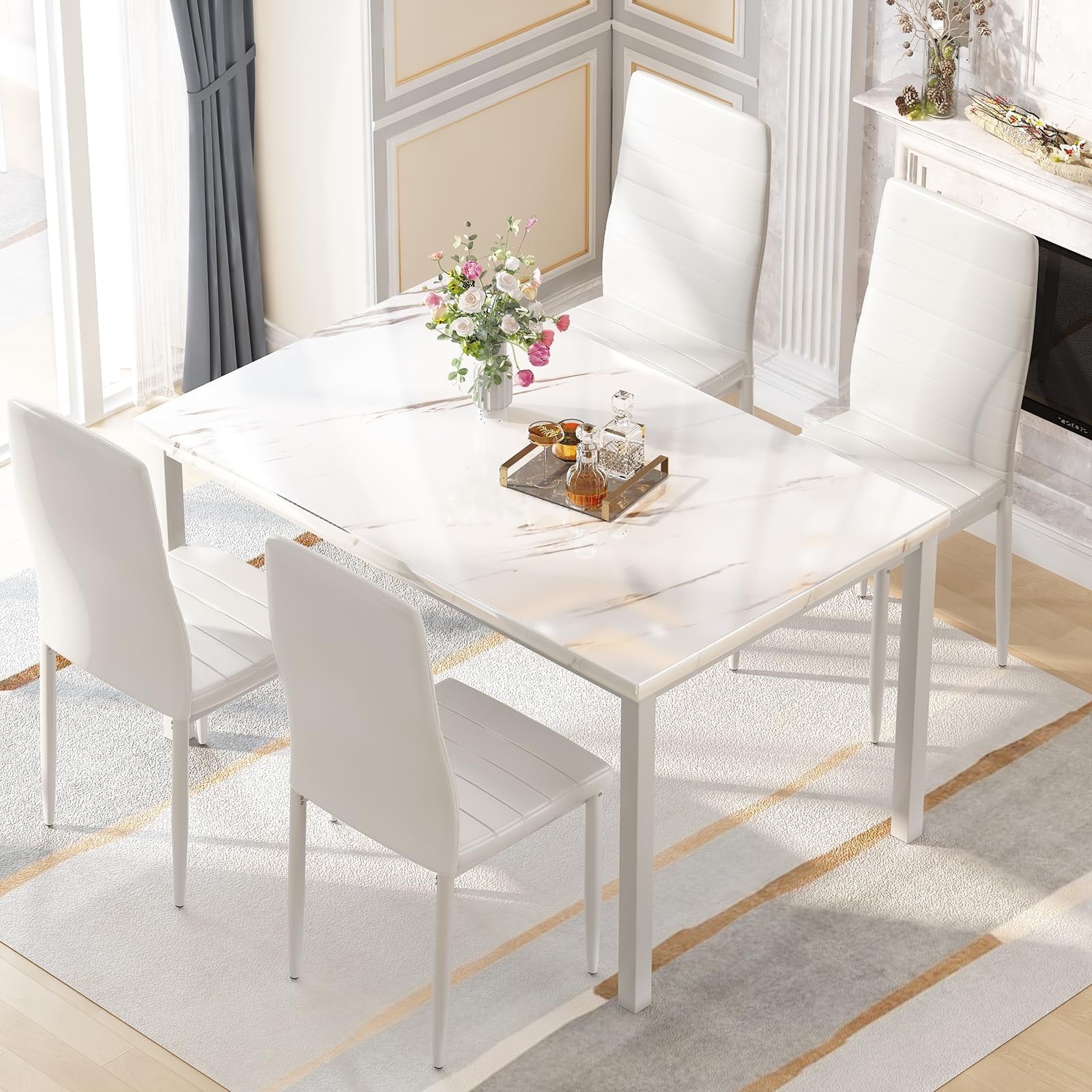Lamerge 5 Piece Dining Table Set for 4, Faux Marble Kitchen Table with ...