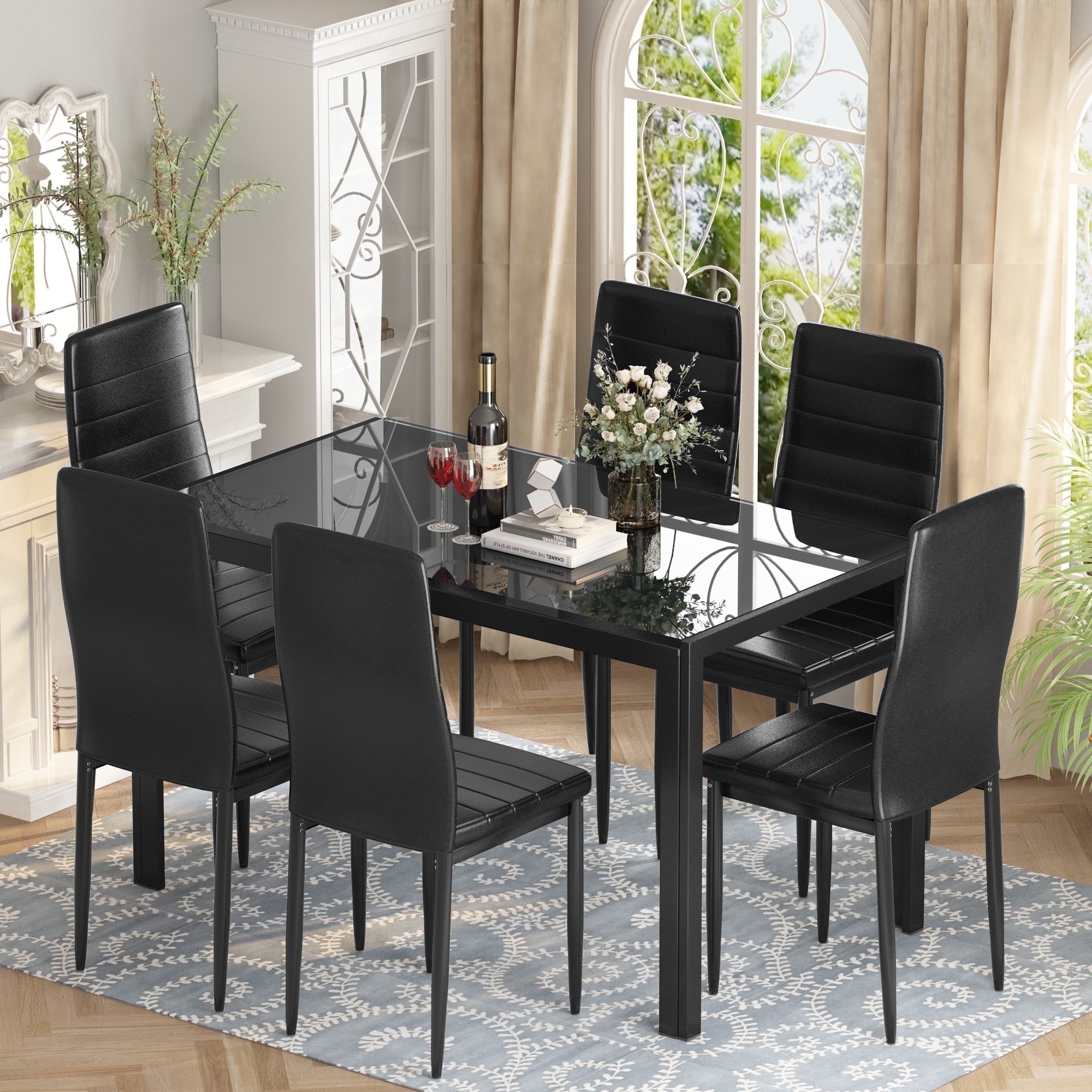 Lamerge 7 Piece Kitchen Dining Set, Glass Dining Table and 6 PU Leather Chairs for Small Kitchen ...