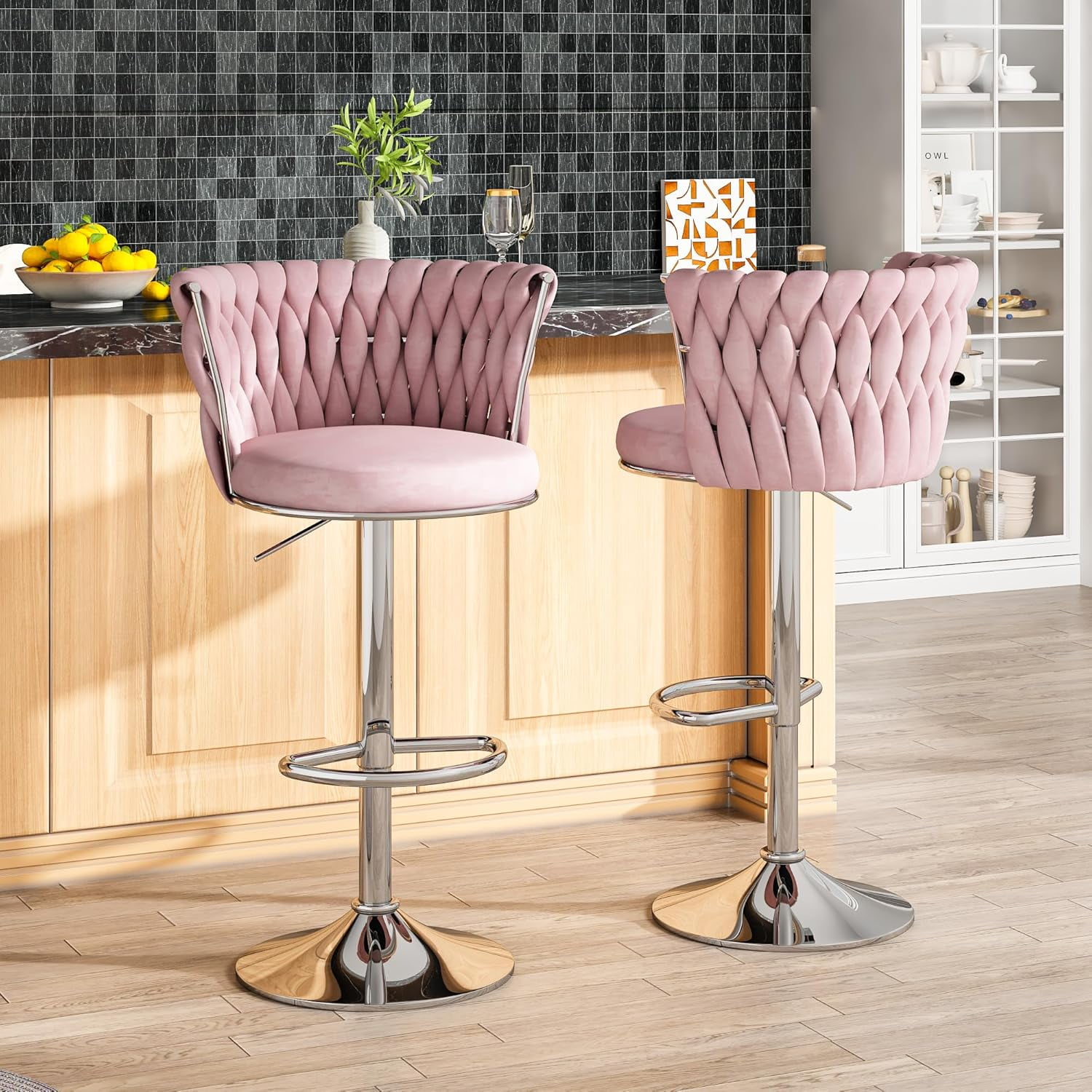 Lamerge Bar Stool Set of 2, Velvet Swivel Bar Chairs Counter Height ...