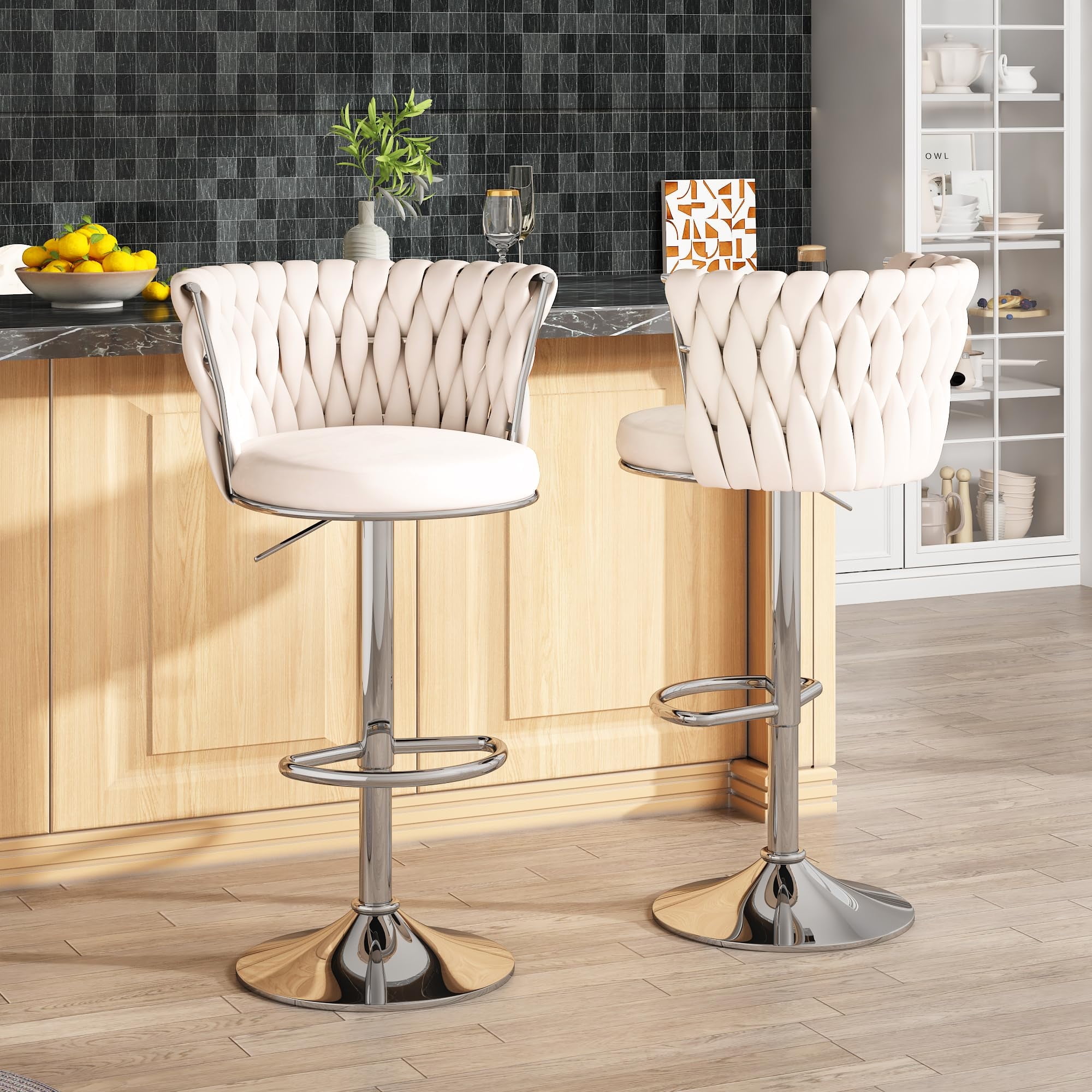 Lamerge Beige Bar Stool Set of 2, Velvet Swivel Bar Chairs Counter ...