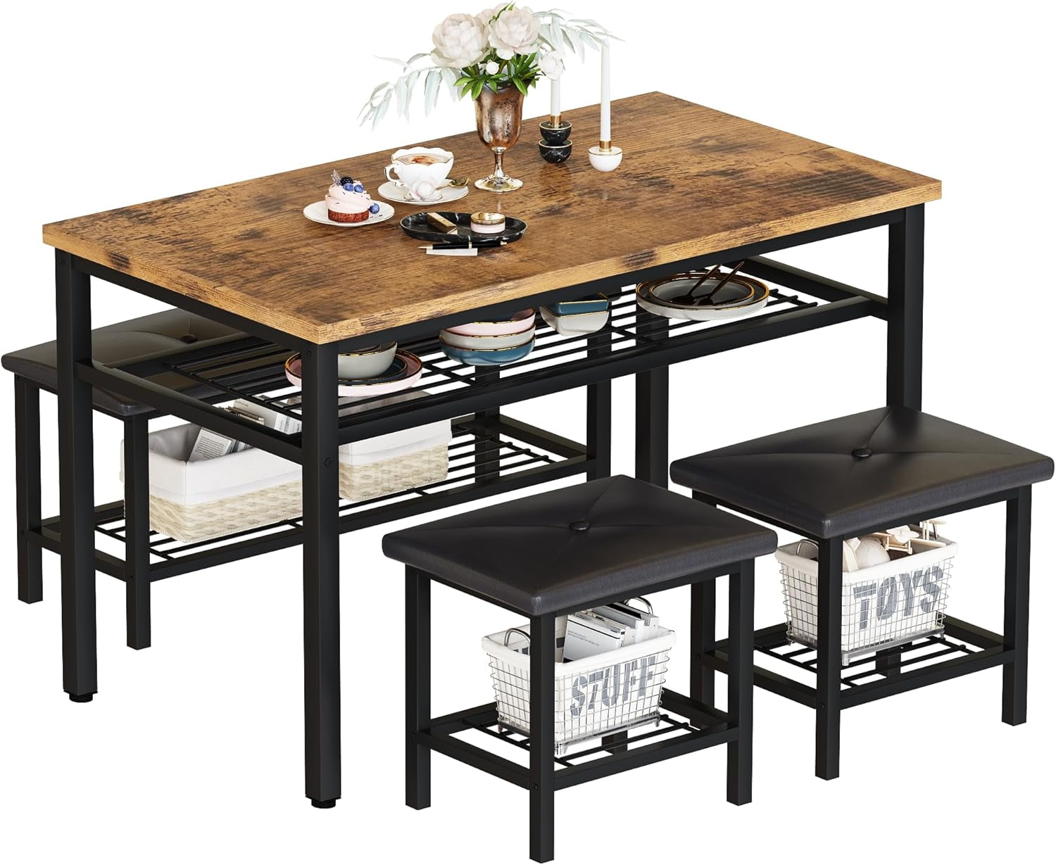 Lamerge Dining Table Set for 4 with 1 Bench 2 PU Stools, Kitchen Table ...