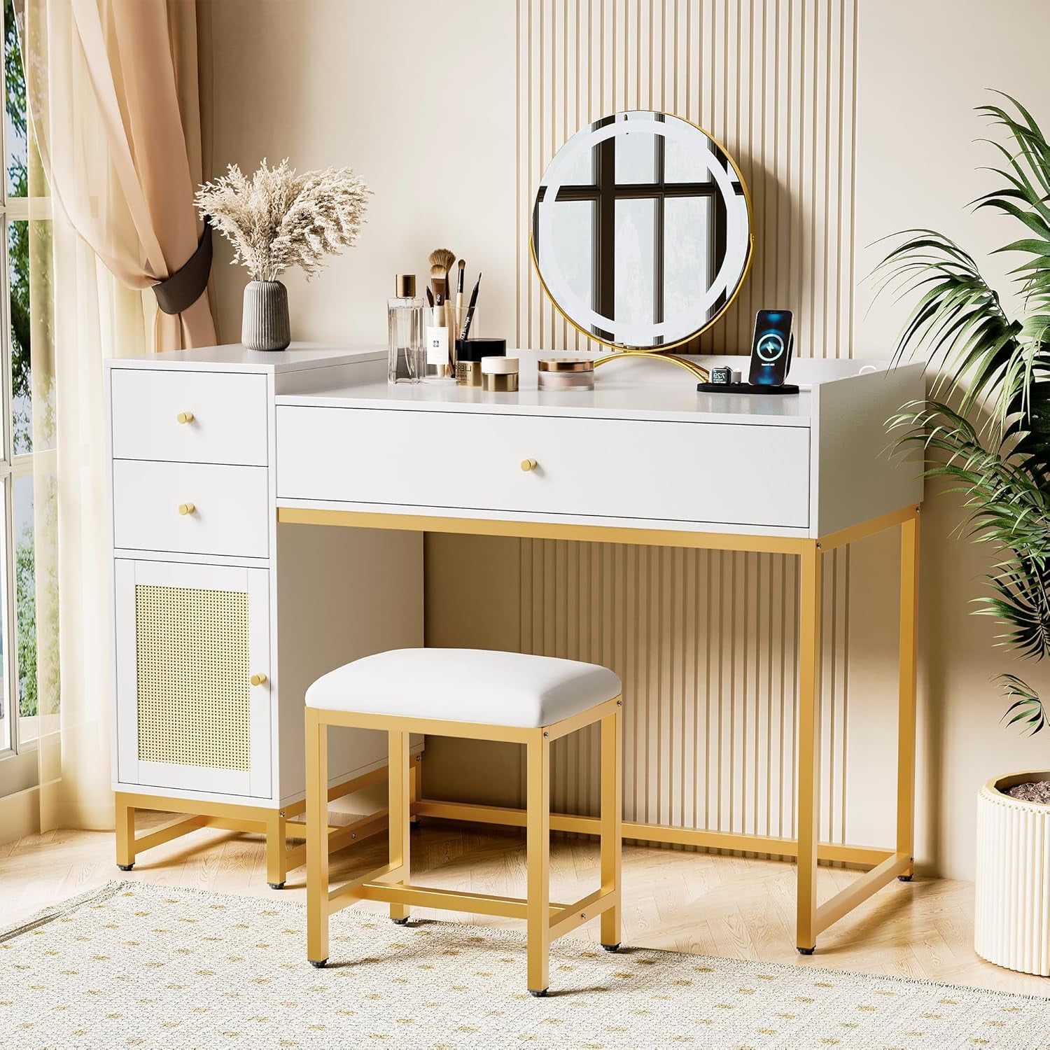 Lamerge Dresser with Stool, Rattan Vanity Set with Charging Outlet ...