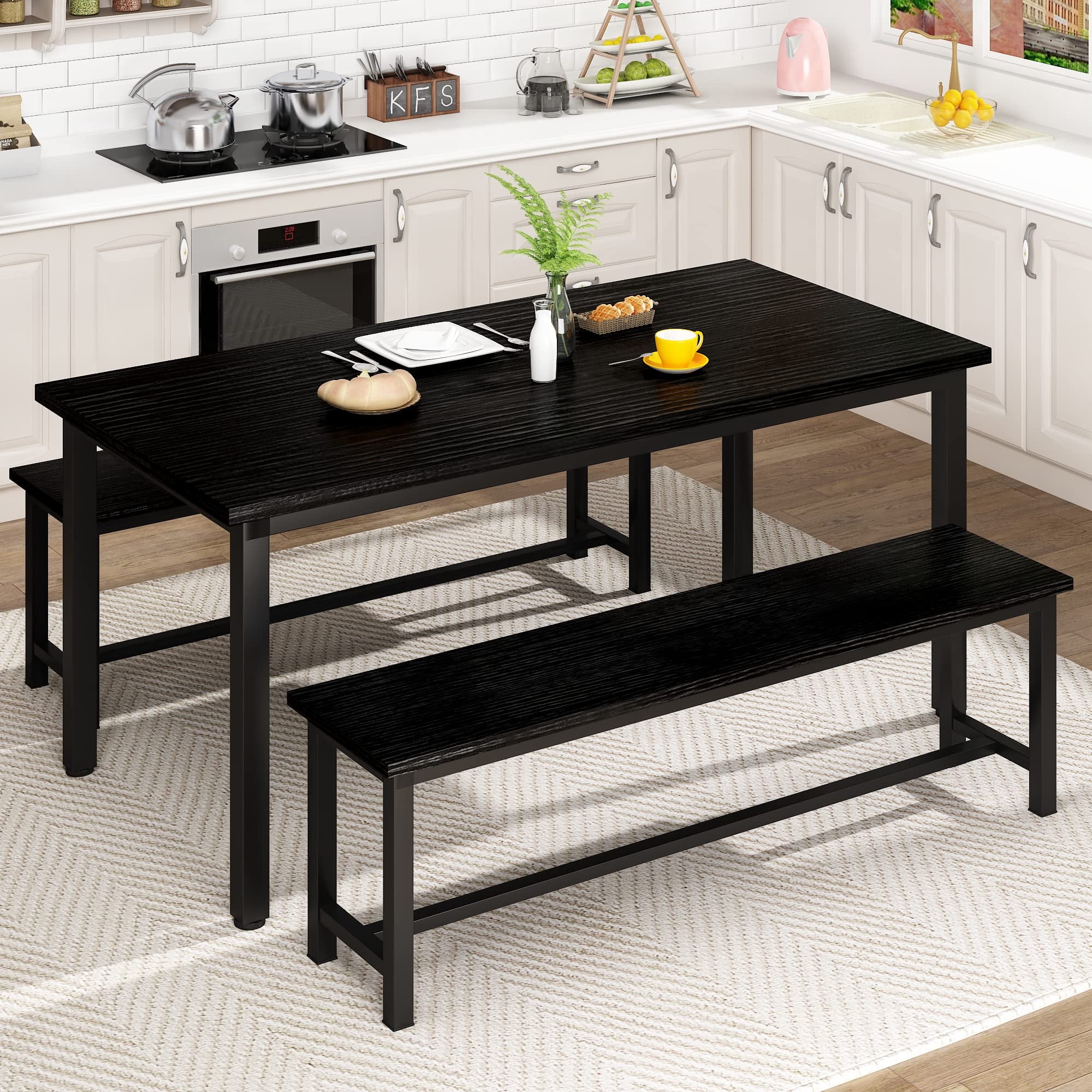 Lamerge Kitchen Table Set with 2 Benches 4 Person Dining Room Table Set ...