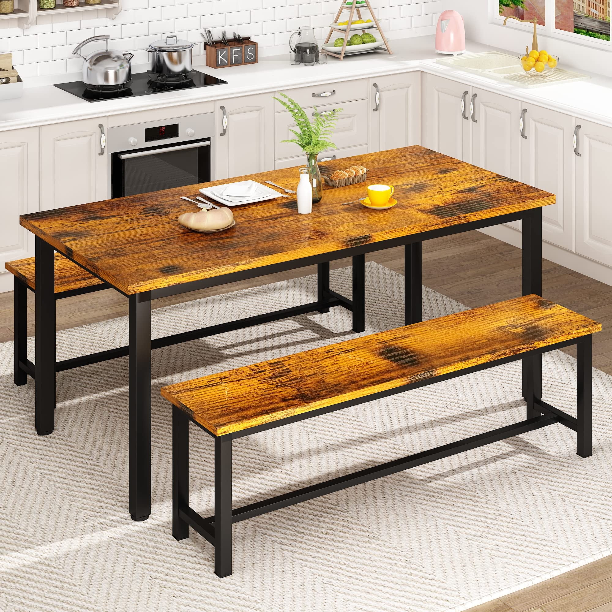 Lamerge Kitchen Table Set with 2 Benches 4 Person Dining Room Table Set ...