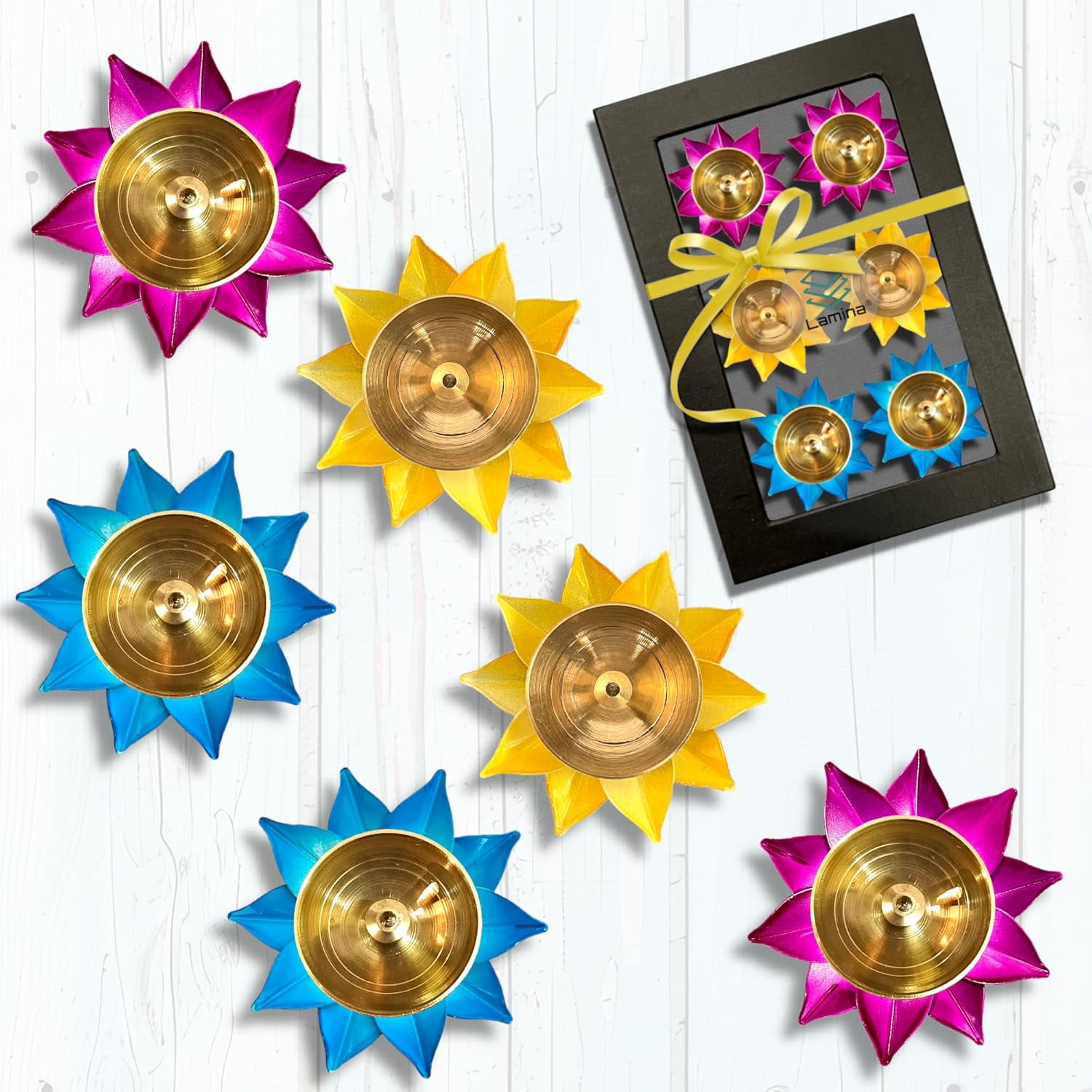 Lamina Set of 4BOX Lotus Shaped Small Brass Diya for Puja 6Diyas 3inch ...