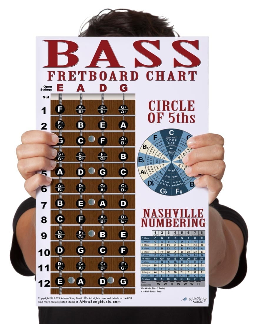 Laminated 4 String Bass Fretboard Poster - Blue with Nashville Numbers ...