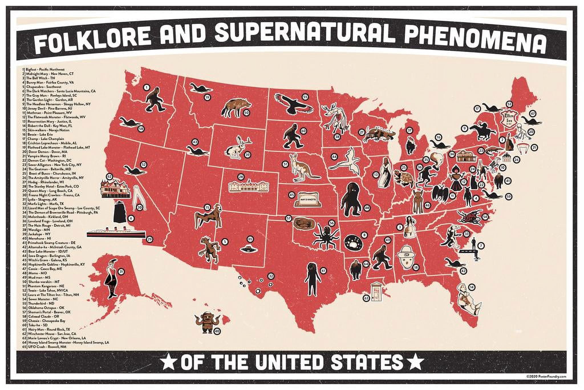Laminated Folklore and Supernatural Phenomena Of The United States Map ...