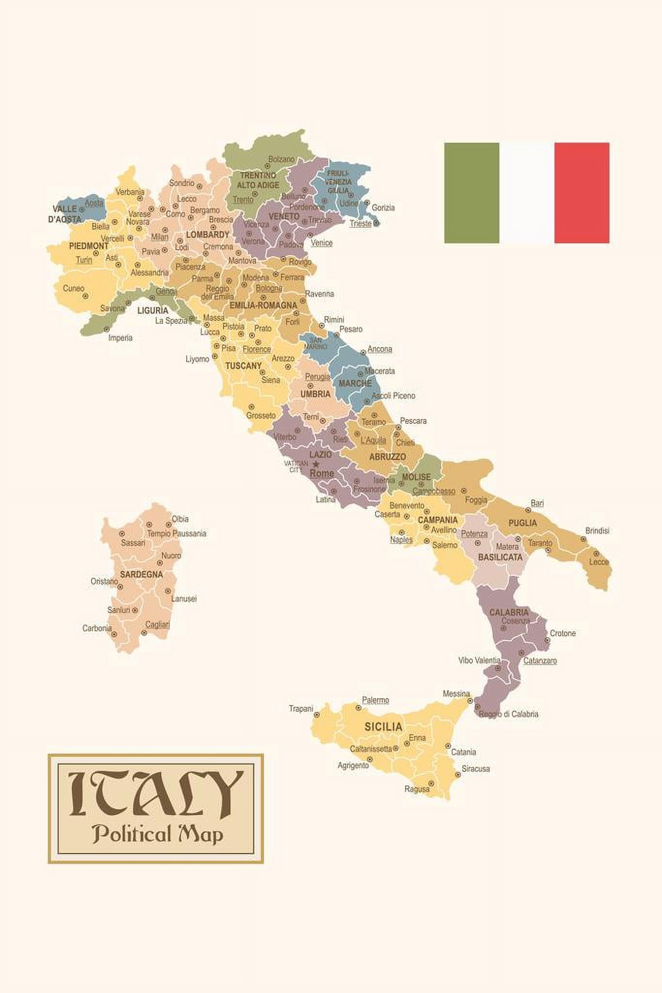 Laminated Political Map Of Italy Regions Provinces States Flag Vintage ...