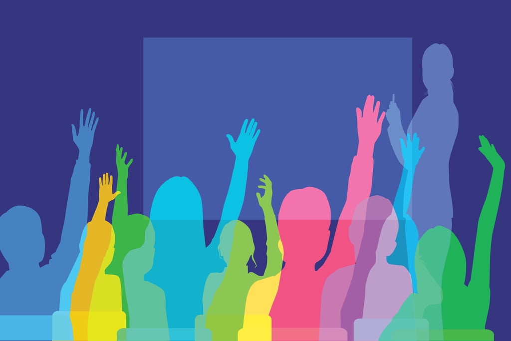 School Children Raising Hands In Classroom Colorful Abstract Graphic ...