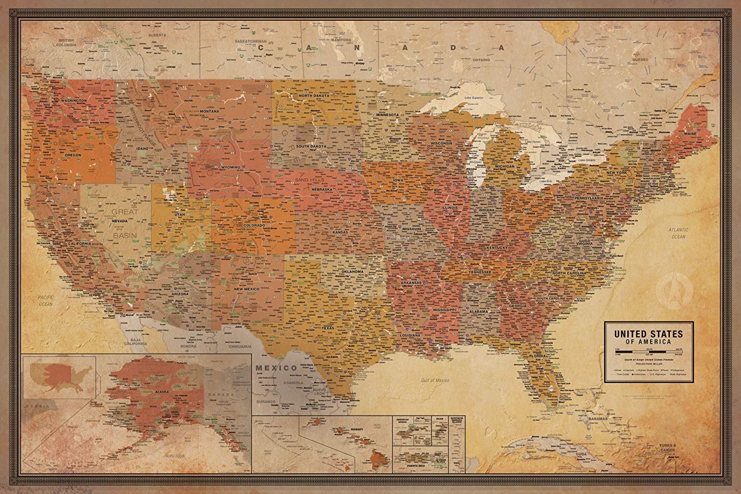 Laminated United States Map Poster | Vintage Style Map | Includes The ...