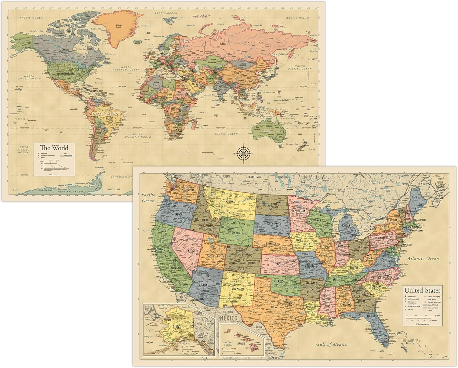 Laminated World Map & US Map Poster Set - Wall Chart Maps of the World ...