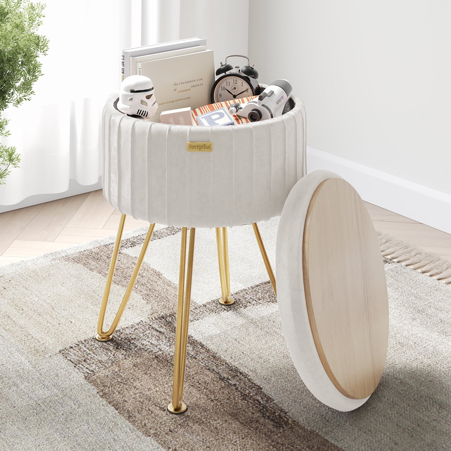 LammaLoe Small Round Ottoman with Storage, Pleated Velvet Ottoman Foot ...