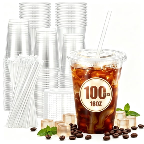 Green 16 oz 50 Pack Plastic Cups with Lids and Straws for Iced Coffee ...