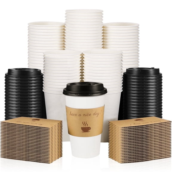 Bulk 48 Count Green Disposable Paper Coffee Cups with Lids & Sleeves ...