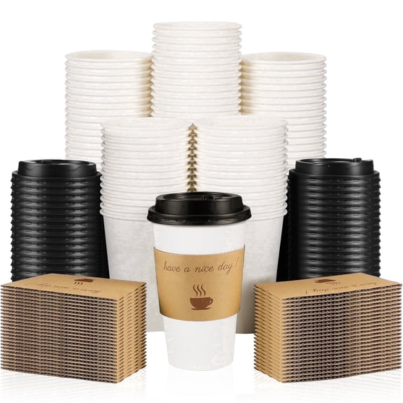 100 Pack 12 oz Disposable Coffee Cups with Lids and Sleeves, Sturdy ...