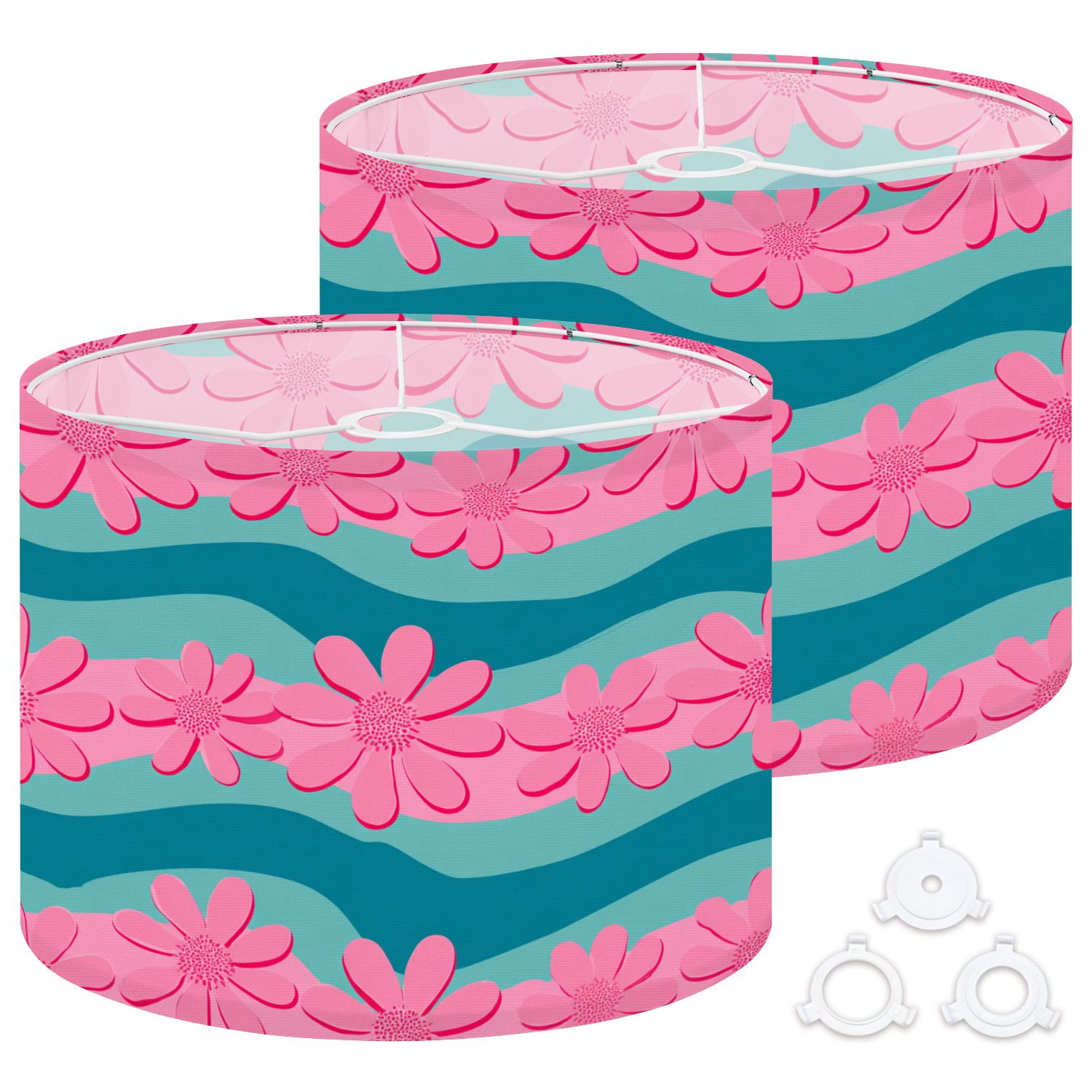 Lamp Shades Set of 2 Easy Assembly FLOWERS WAVES PINK CURVES Drum ...
