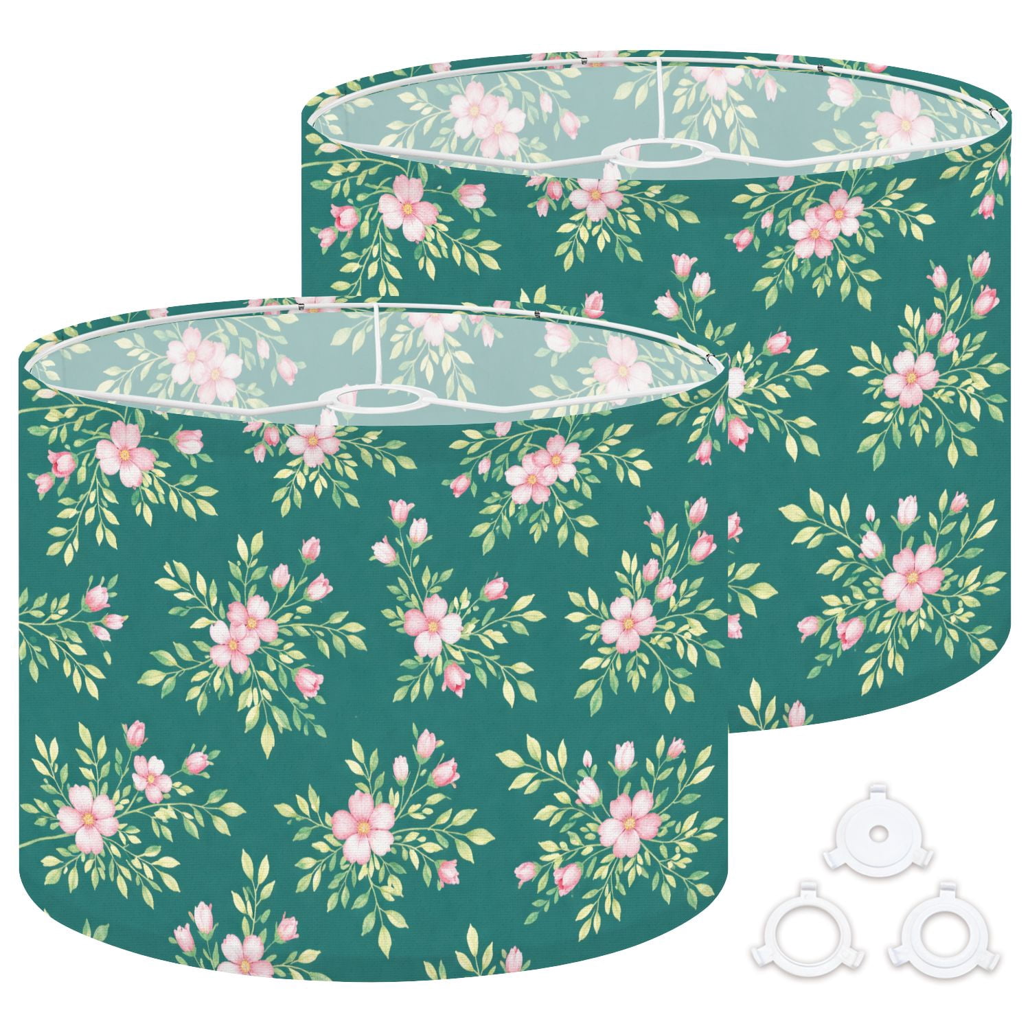 Lamp Shades Set of 2 Easy Assembly Floral Pink Flowers Green Leaves ...