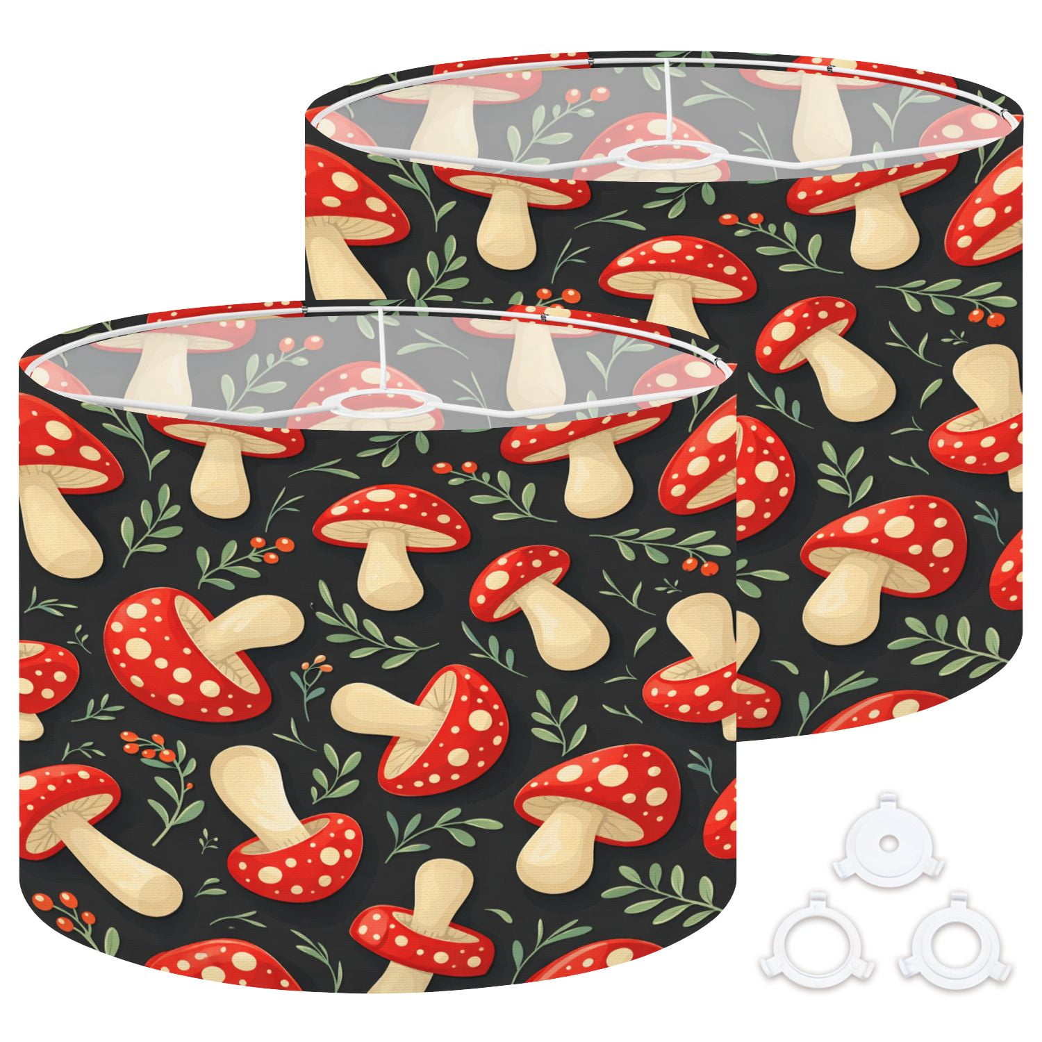 Lamp Shades Set of 2 Easy Assembly Hand Drawn Cartoon Mushrooms Drum ...