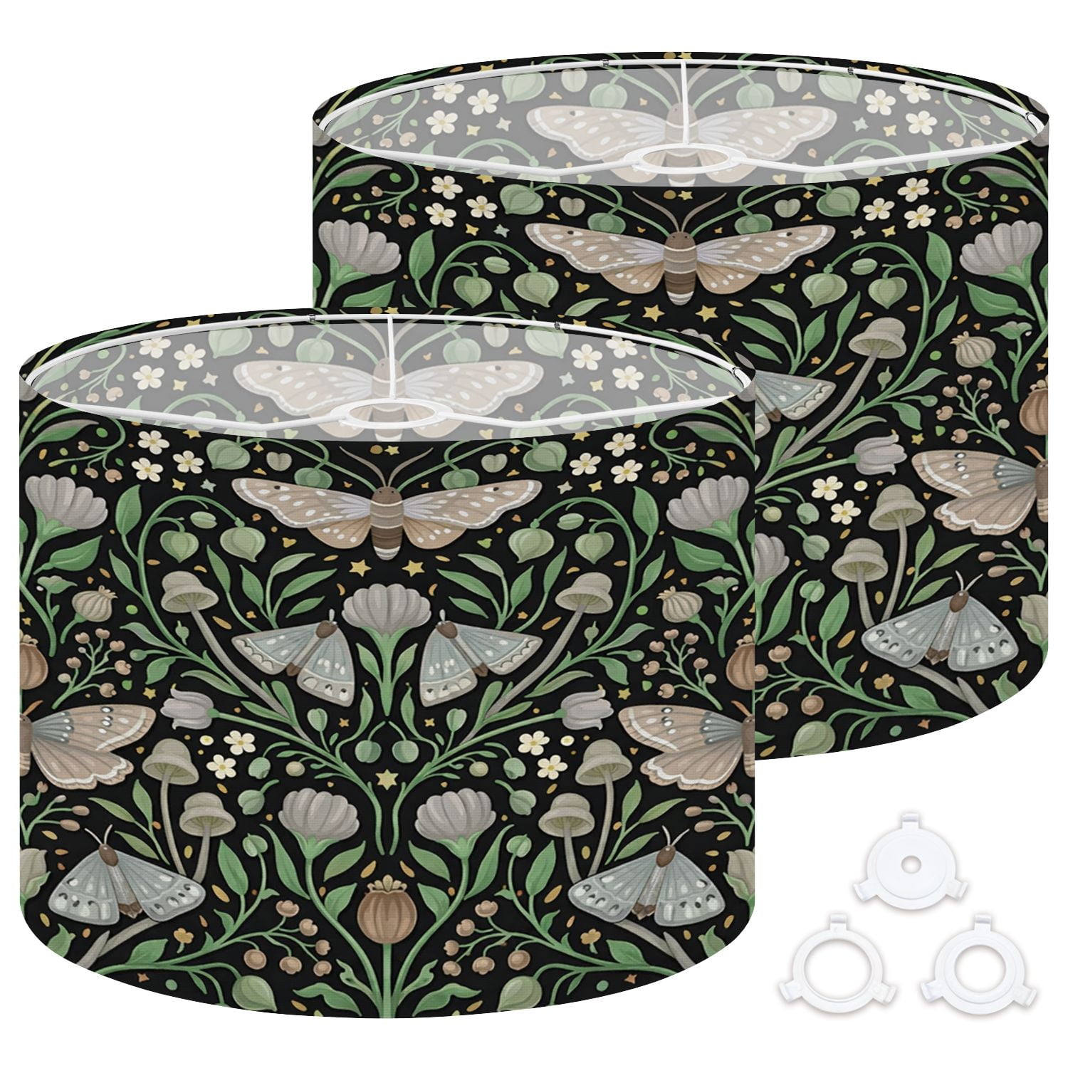 Lamp Shades Set of 2 Easy Assembly Soft Floral Moth Neutral Tones Dark ...