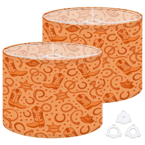 Lamp Shades Set of 2 Easy Assembly Western Cowboy Icons Orange Boots Sheriff Stars Horseshoes ...