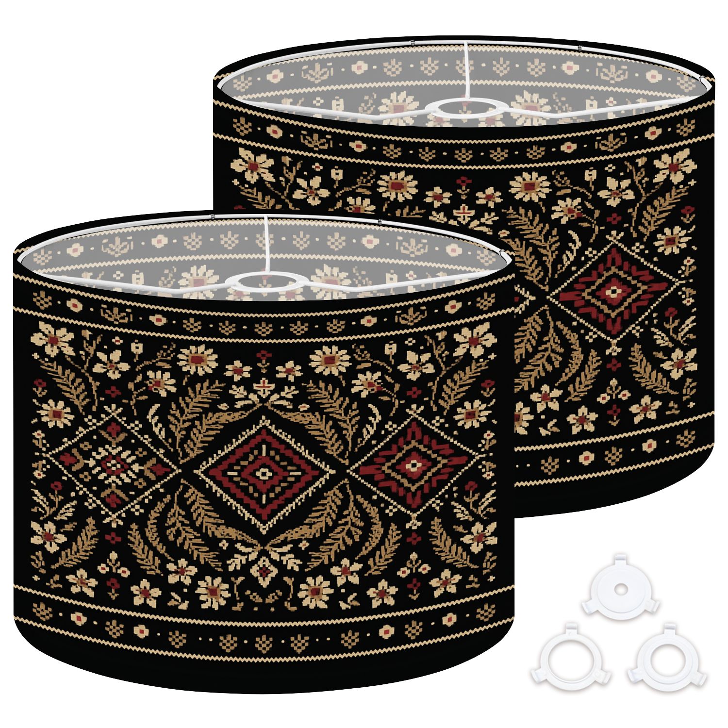 Lamp Shades Set of 2 Easy Assembly floral cross embroidery black ...