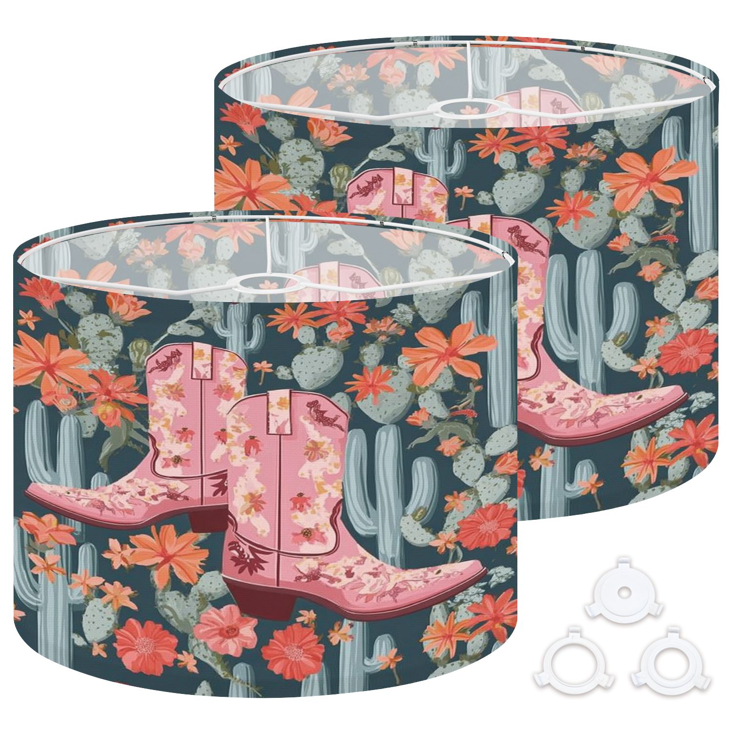 Lamp Shades Set of 2 Easy Assembly repeat cowboy boots cacti flowers ...
