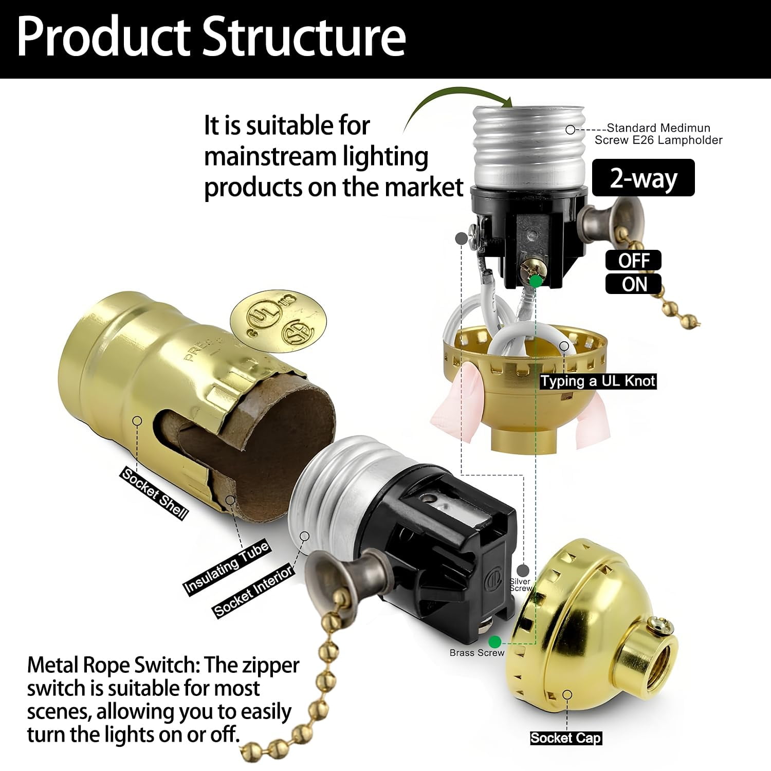 Lamp Socket with Pull Chain, E26 Standard Threaded Base, Lamp Parts for ...