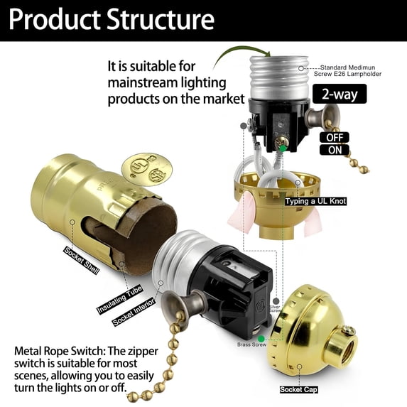 Lamp Socket with Pull Chain, E26 Standard Threaded Base, Lamp Parts for ...