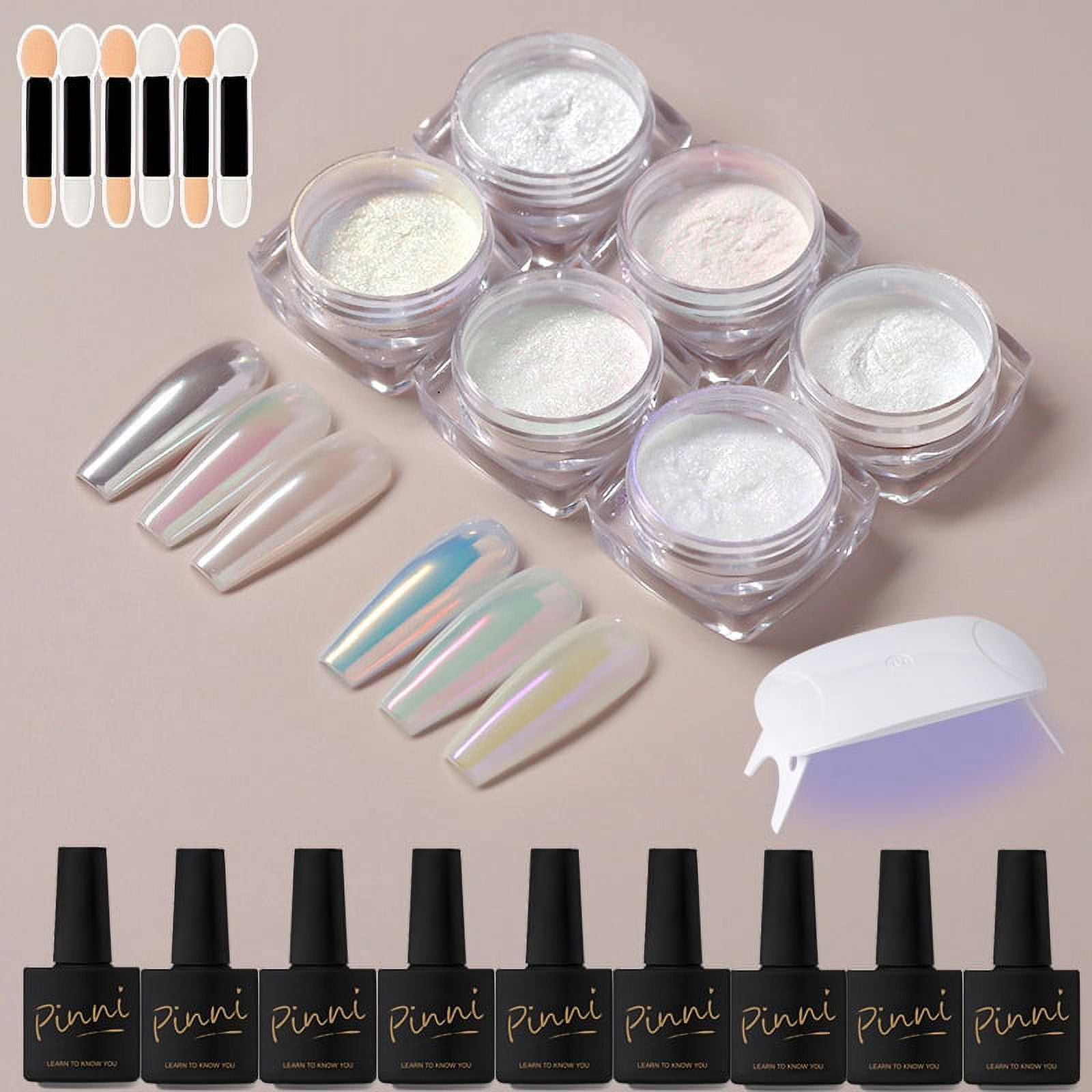 Lamp included-6 Colors Moonlight Pearl Aurora Nail Powder + 9 gel nail ...
