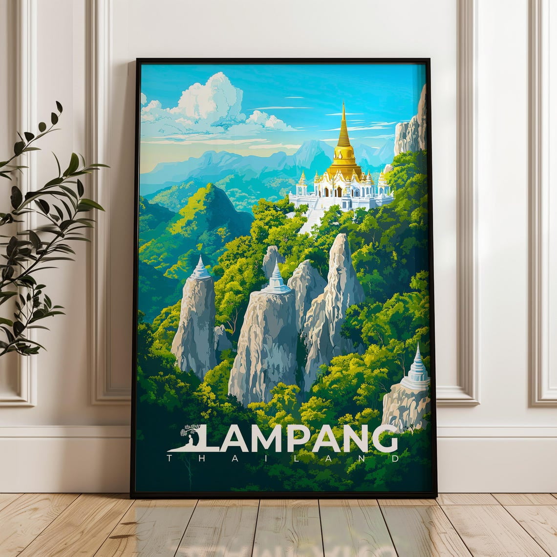 Lampang Travel Print, Thailand Wall Art Poster, Wat Chaloem Phra Kiat Illustration Artwork ...