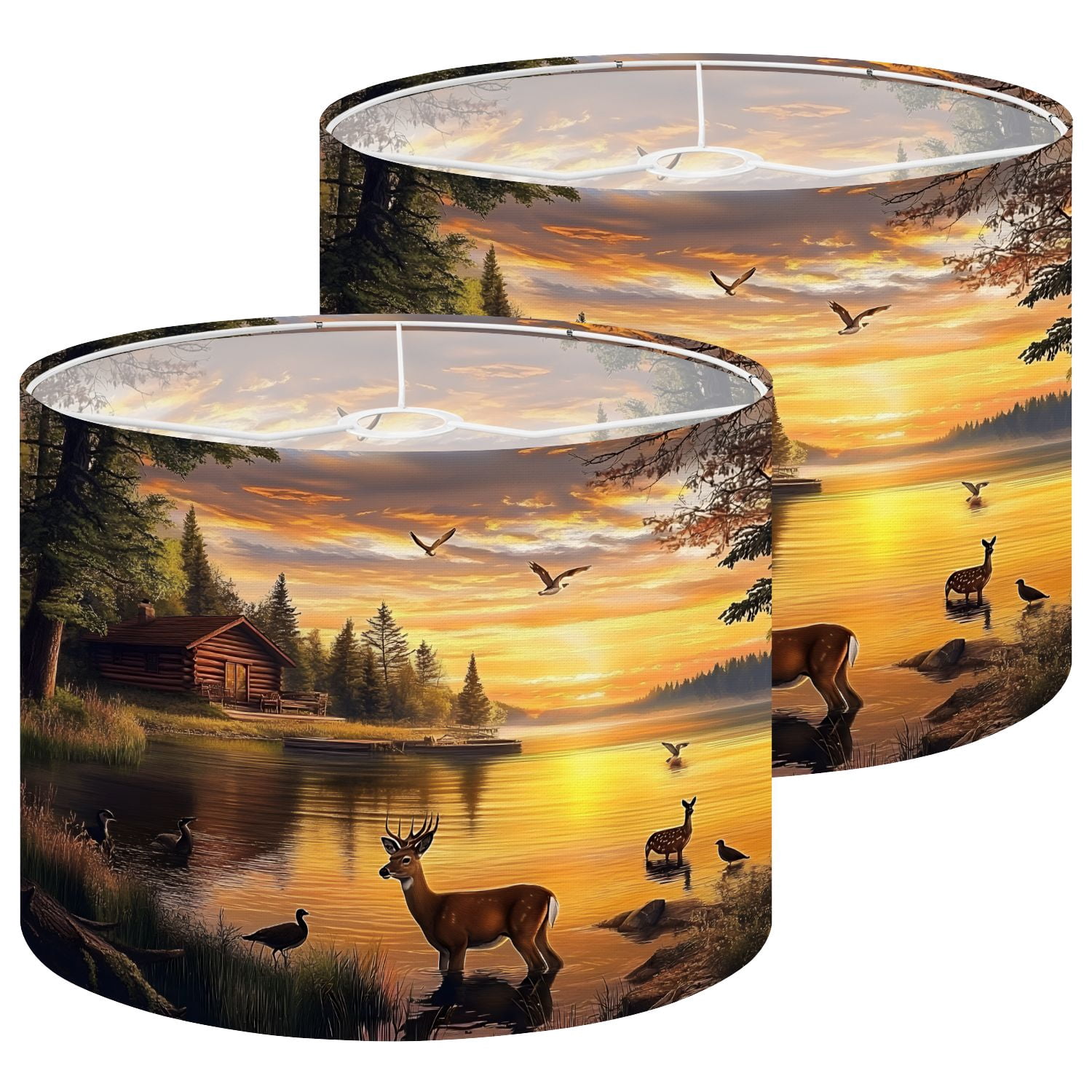 Lampshades 2 Pack Animal Deer Vintage Wildlife Rustic Lake Cabin Sunset ...