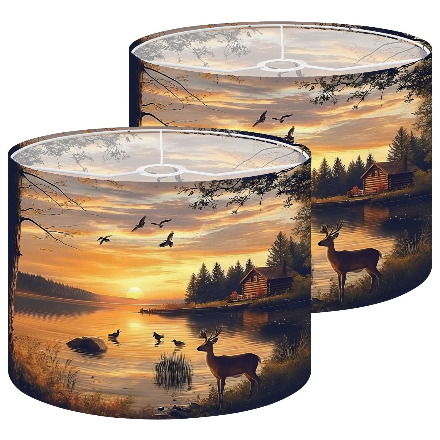 Lampshades 2 Pack Animal Deer Vintage Wildlife Rustic Sunset Lake Log ...