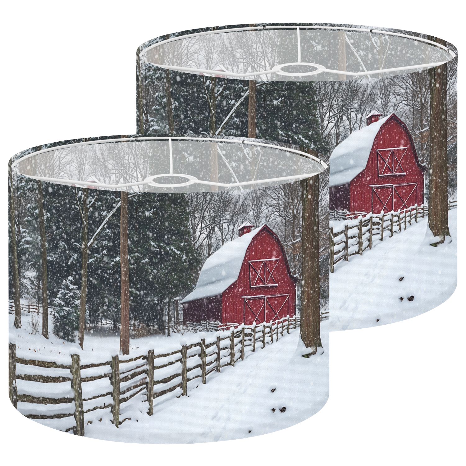 Lampshades 2 Pack Christmas Winter Snowy Forest Scene Vintage Red Barn ...