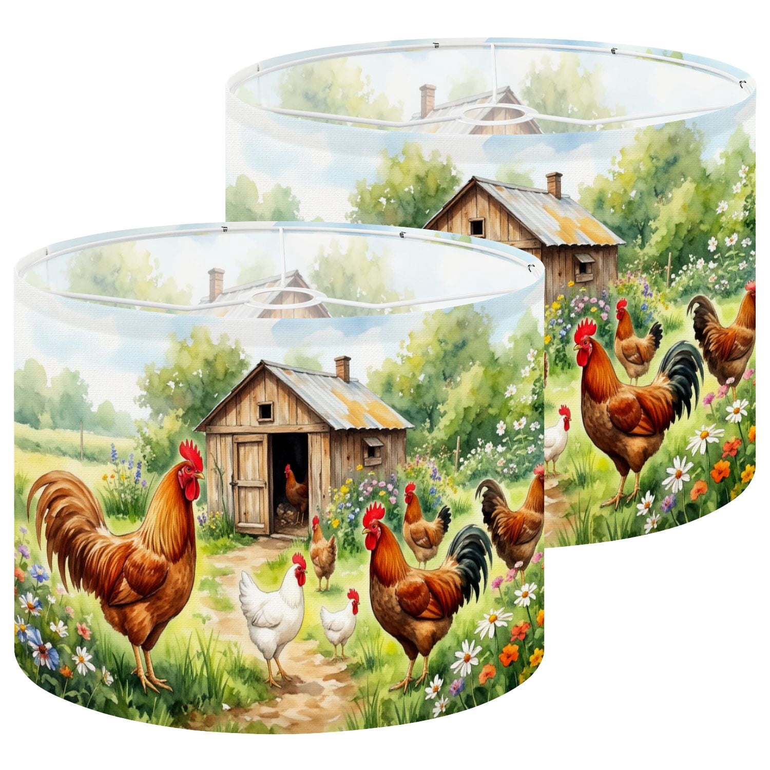 Lampshades 2 Pack Country Chicken Coop Roosters Hens Blooming Meadow 13 ...