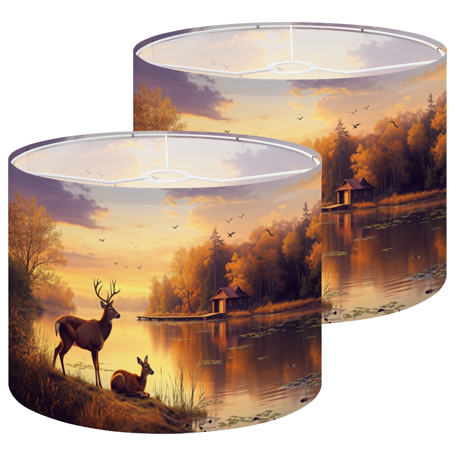 Lampshades 2 Pack Golden Rustic Animal Vintage Wildlife Deer Lake ...