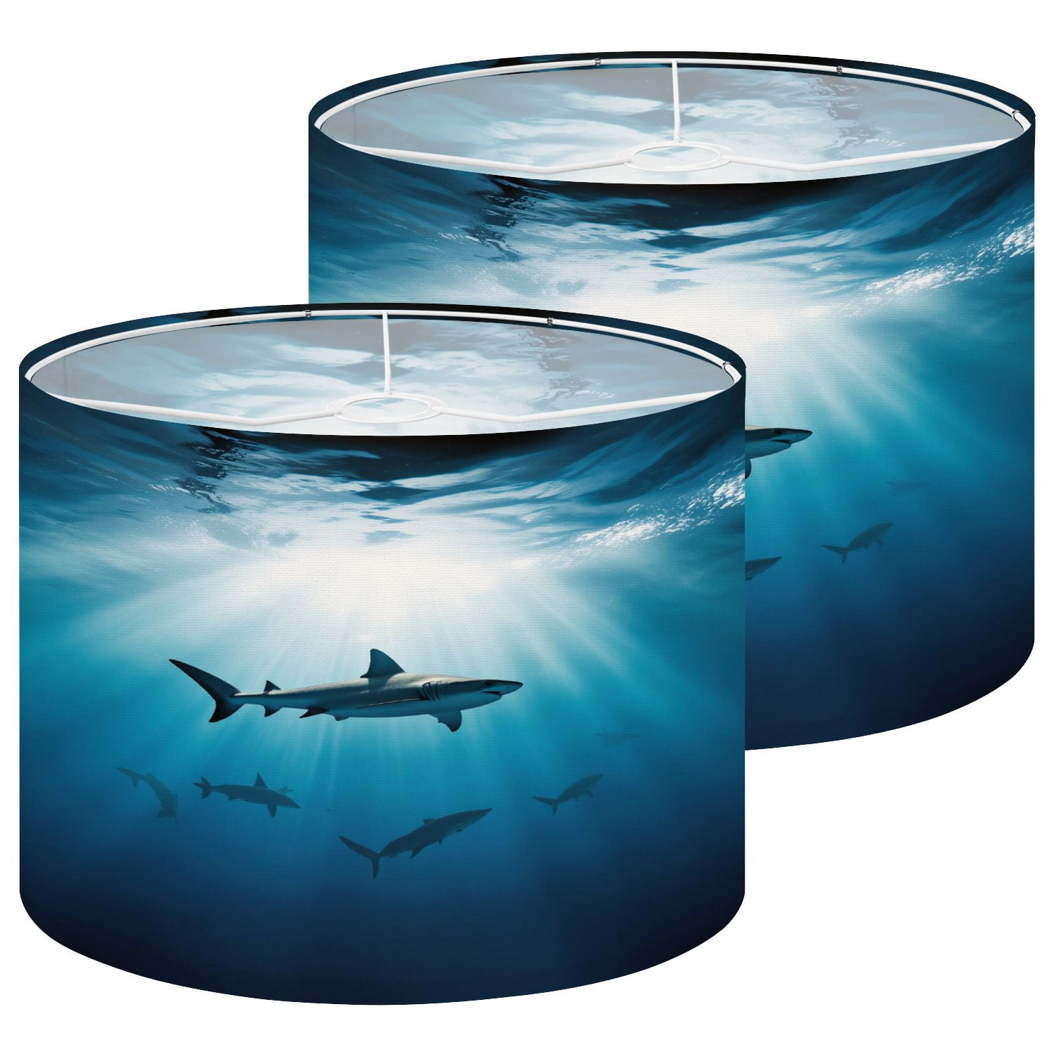 Lampshades 2 Pack Silhouettes sharks underwater ocean against bright ...
