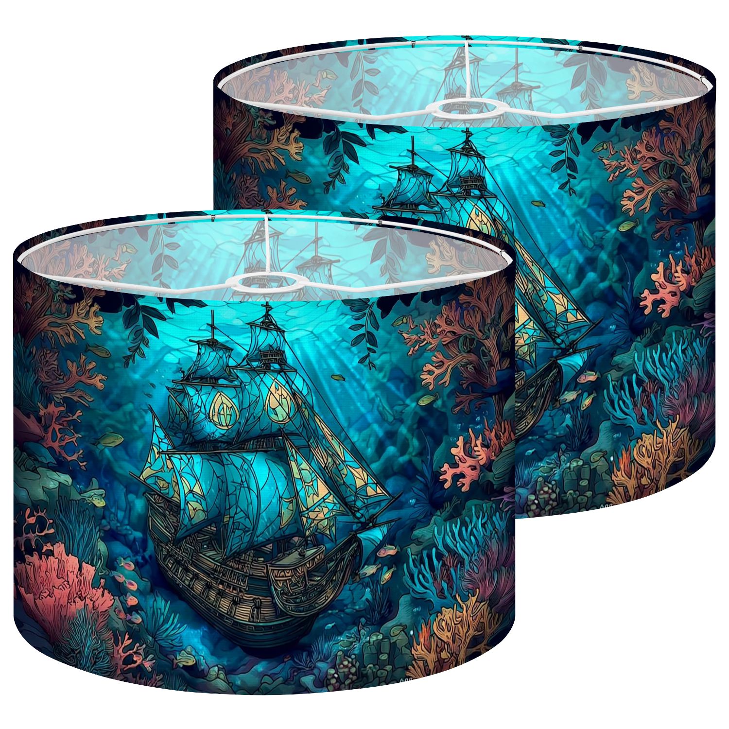 Lampshades 2 Pack Teal Sail Sunken Ship Art Ocean Scene 13"x13"x10 ...