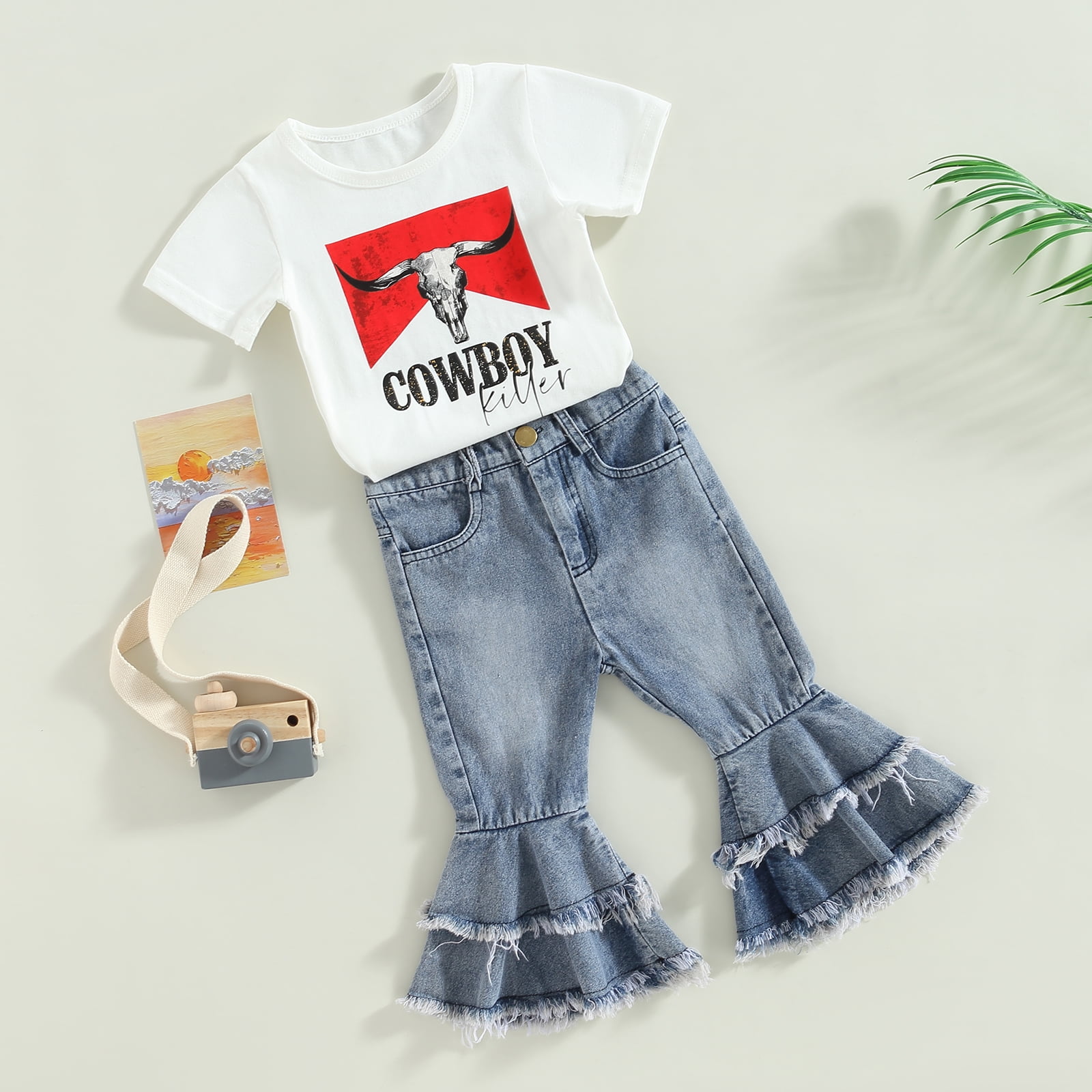 Lamuusaa 2Pcs Long Pnats Summer Outfits for Kids Bbay Girls, Cow Print Short Sleeve Crew Neck T ...