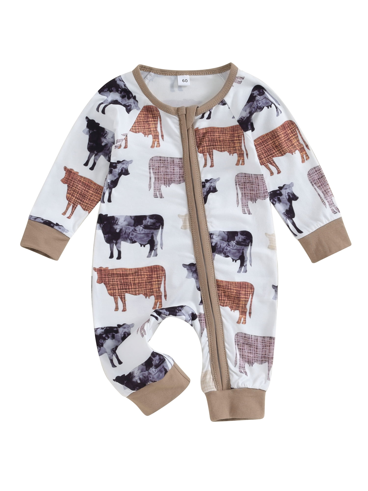 Lamuusaa Baby Girls Fall Crewneck Romper Long Sleeve Cattle Print Oblique Zipper Jumpsuit ...