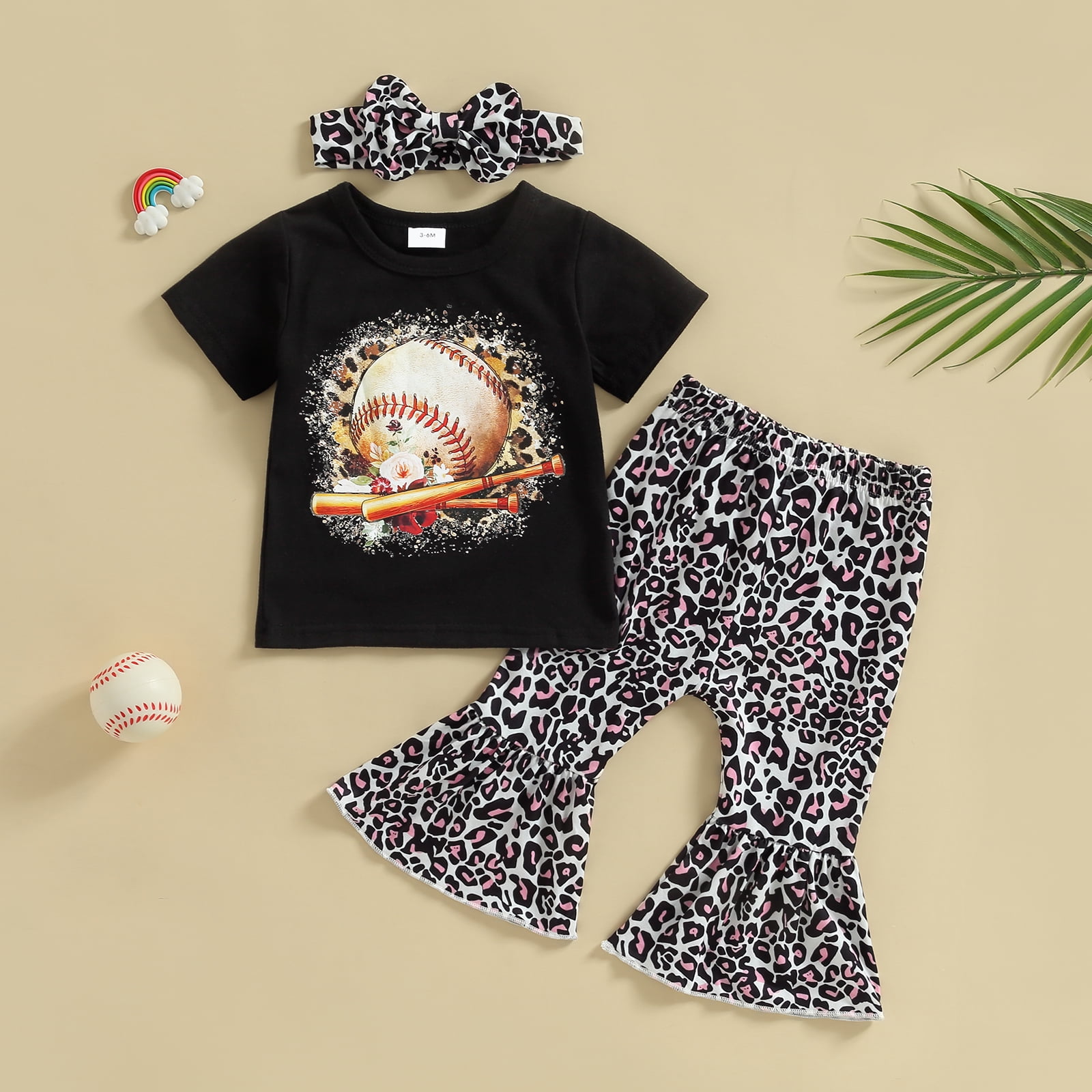 Lamuusaa Baby Girls Summer Outfits Baseball Print Short Sleeve T-Shirt and Leopard Flare Pants ...