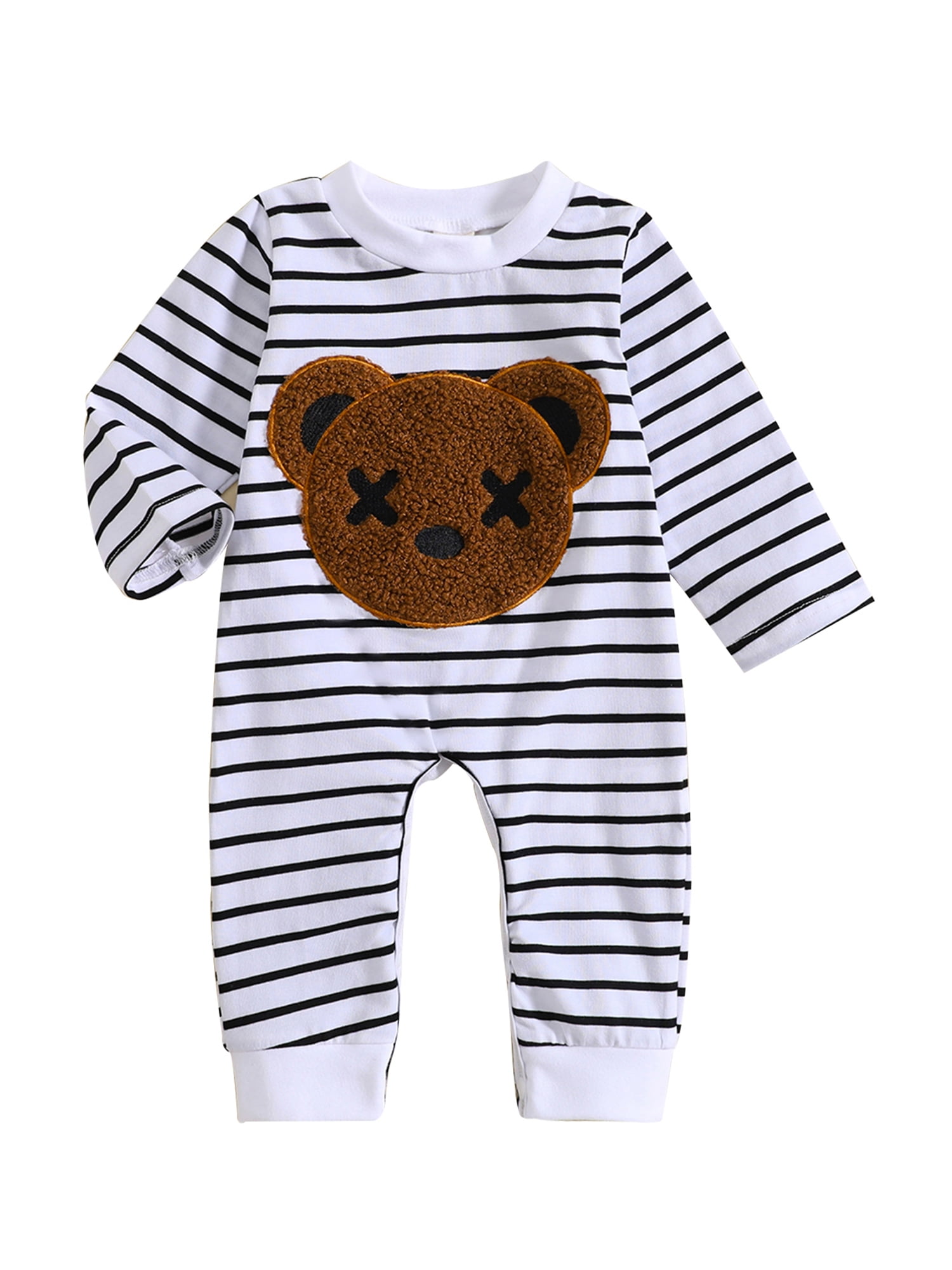 Lamuusaa Baby Jumpsuit, Long Sleeve Crew Neck Cartoon Bear Striped Fall ...
