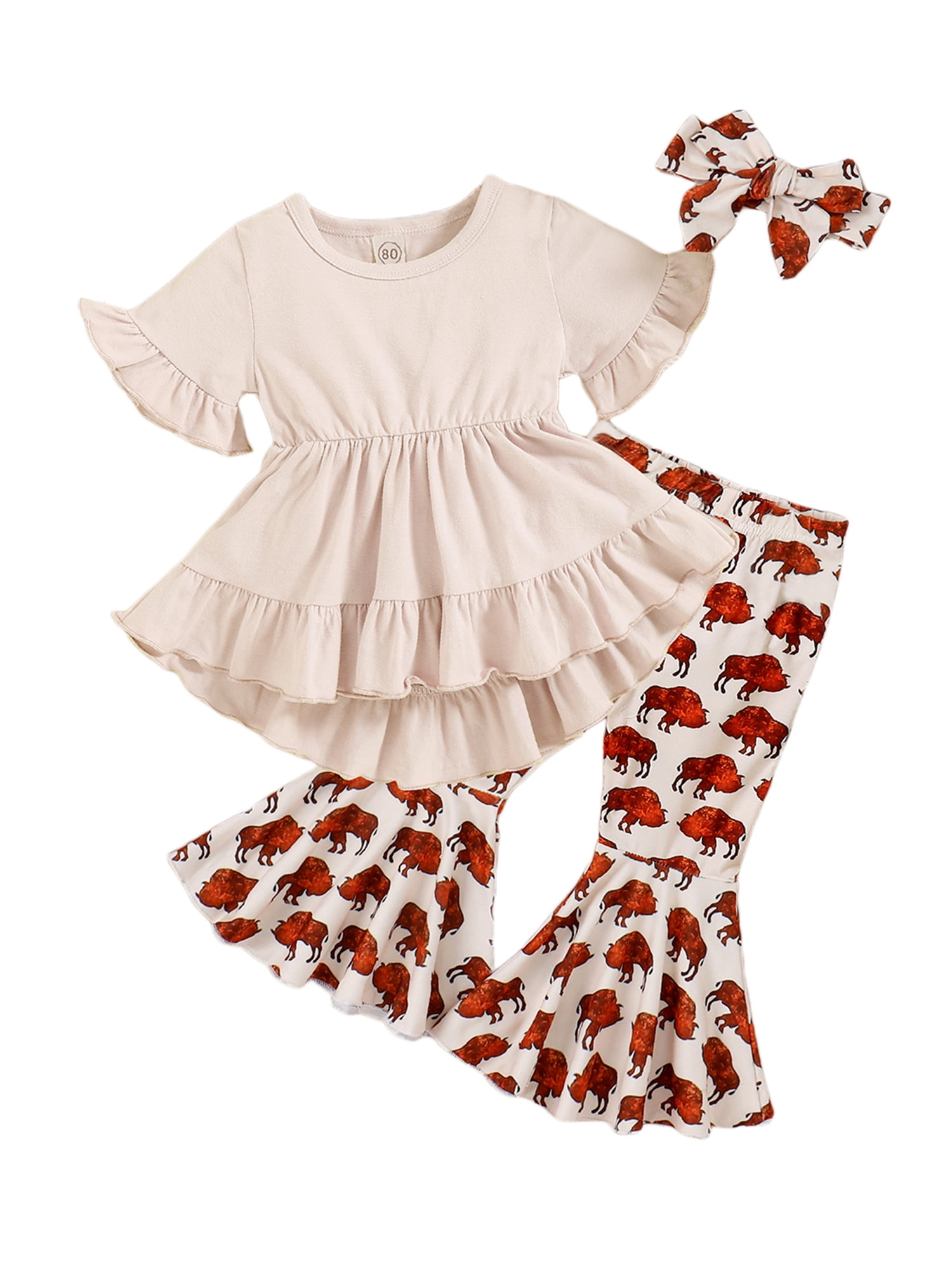 Lamuusaa Baby Kid Girls Long Pants Set, Short Sleeve Ruffled T-shirt with Bull/Cow Pattern Flare ...