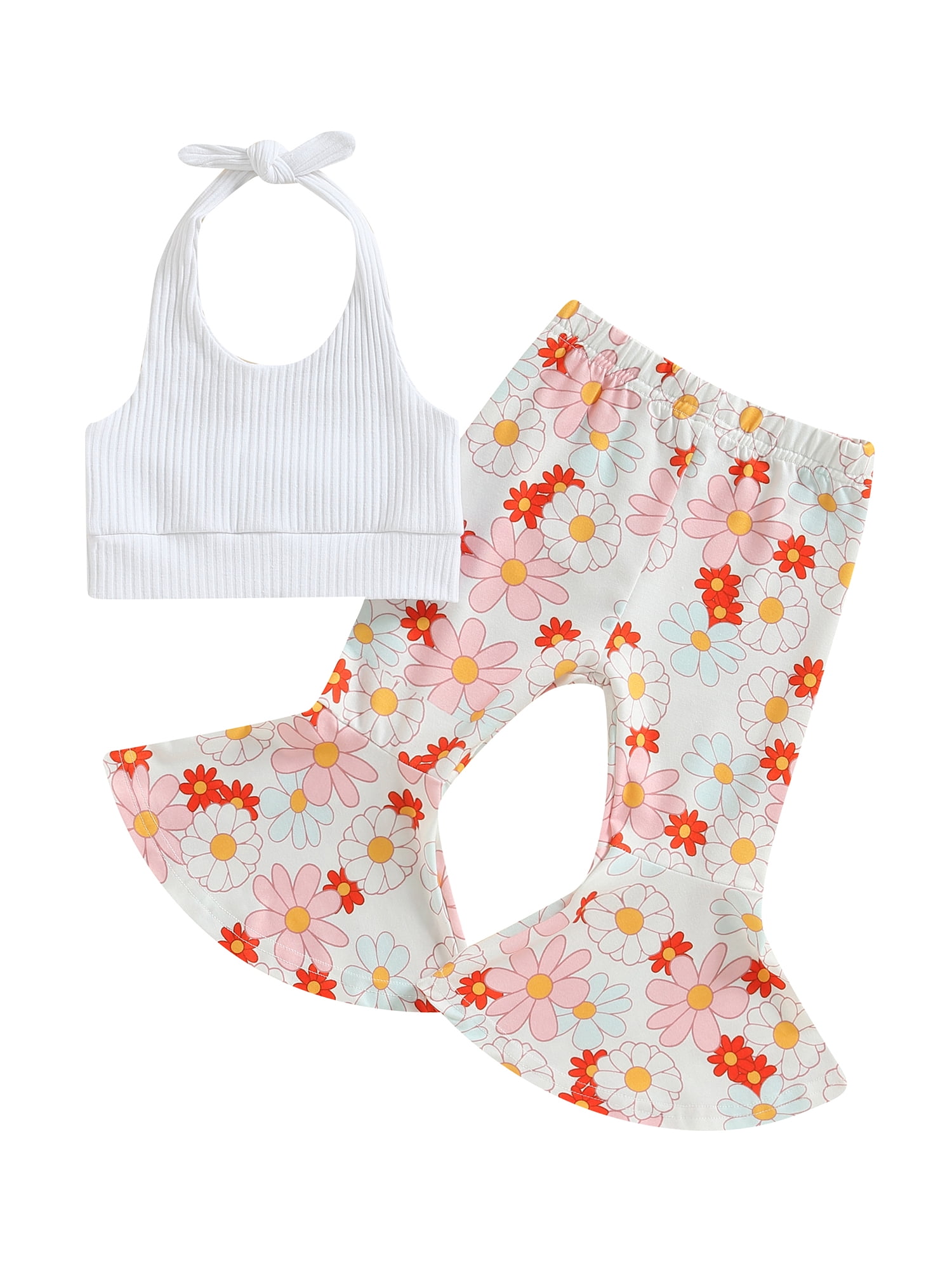 Lamuusaa Baby Kid Girls Pants Set, Tie-up Halterneck Vest with Flower ...